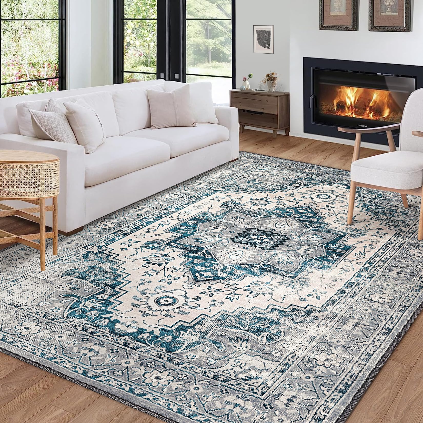ROYHOME Washable Area Rug 5x7, Vintage Boho Living Room Rug Non-Slip Nursery Rug for Bedroom,Low-Pile Retro Carpet Print Distressed Entryway Rug for Laundry Dining Room Office,5x7