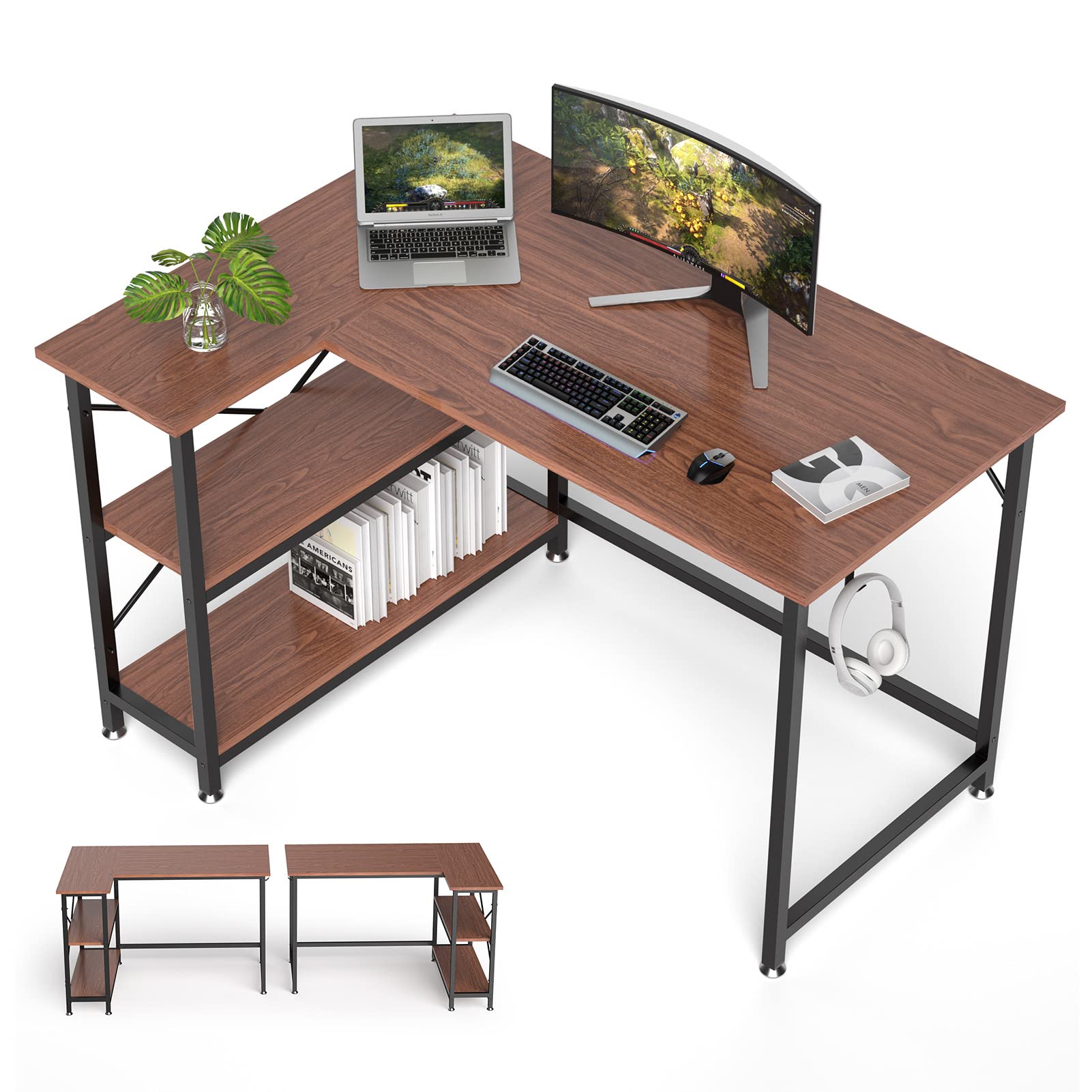 Pyraxis L Shaped Computer Desk, 47 Inch Gaming Desks with Hooks, Corner Desk with Storage Shelves, Office Desk for Small Space, Reversible Desks for Home Office, Walnut