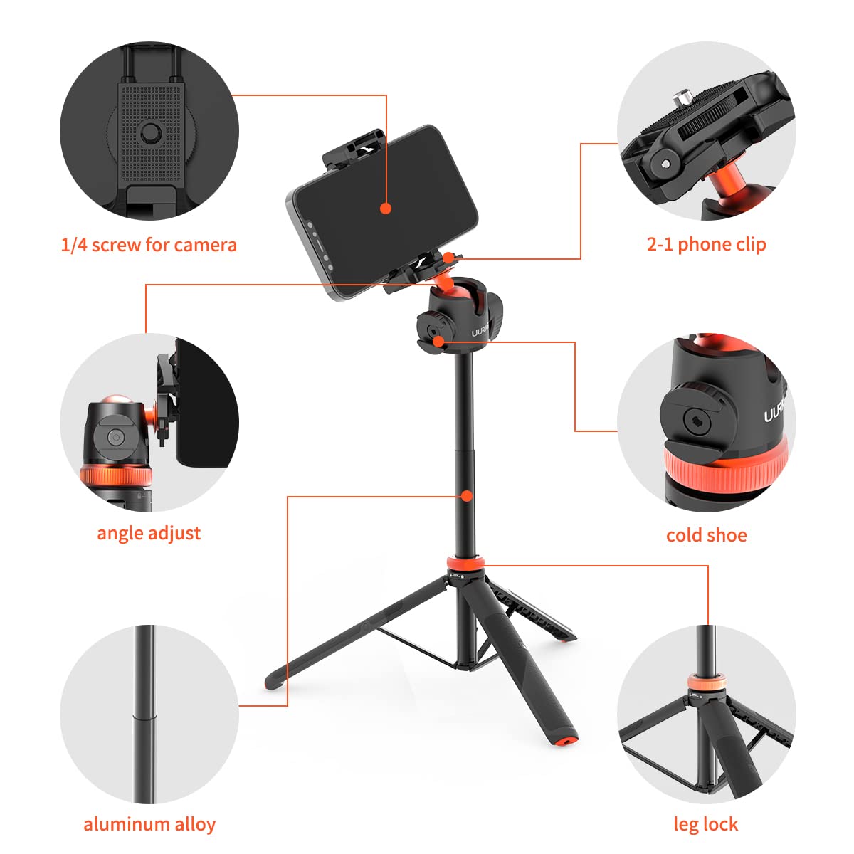UURig Camera Tripod, 52 inch Extendable Phone Selfie Stick Camera Tripod Stand with 2 in 1 Phone Clip, 5 Levels Adjustment 360° Ball Head Loads Up for iPhone Sony Canon GoPro