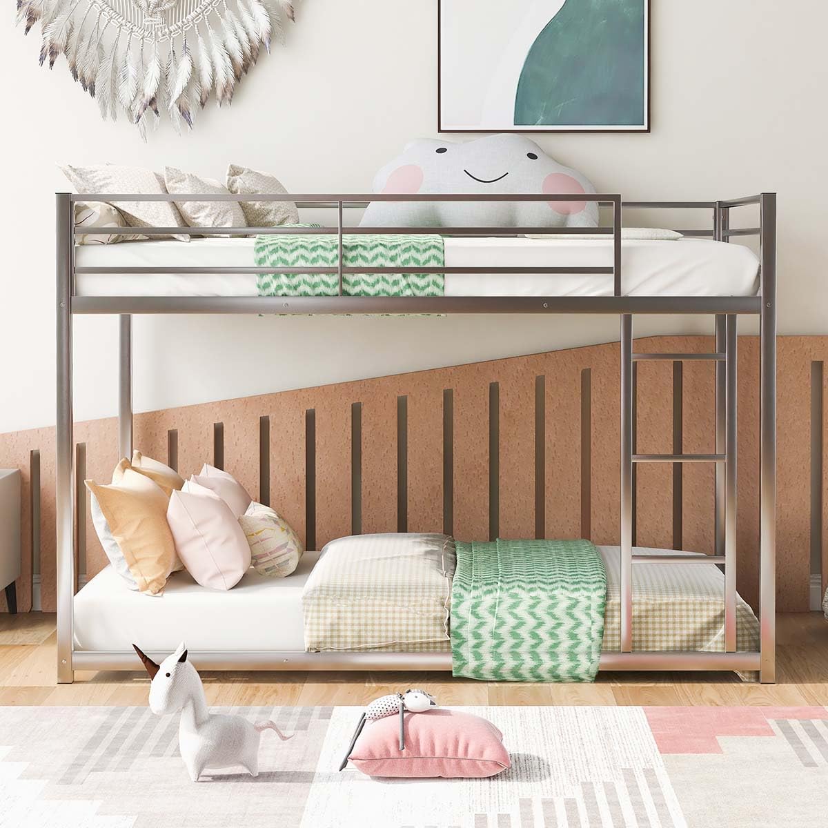 PIETFIU Full Over Full Bunk Beds,Low Profile Metal Full Bunk Bed with Stairs and Guardrail for Teens,Boys,Girls,Easy Assemble (Full Over Full, Silver)