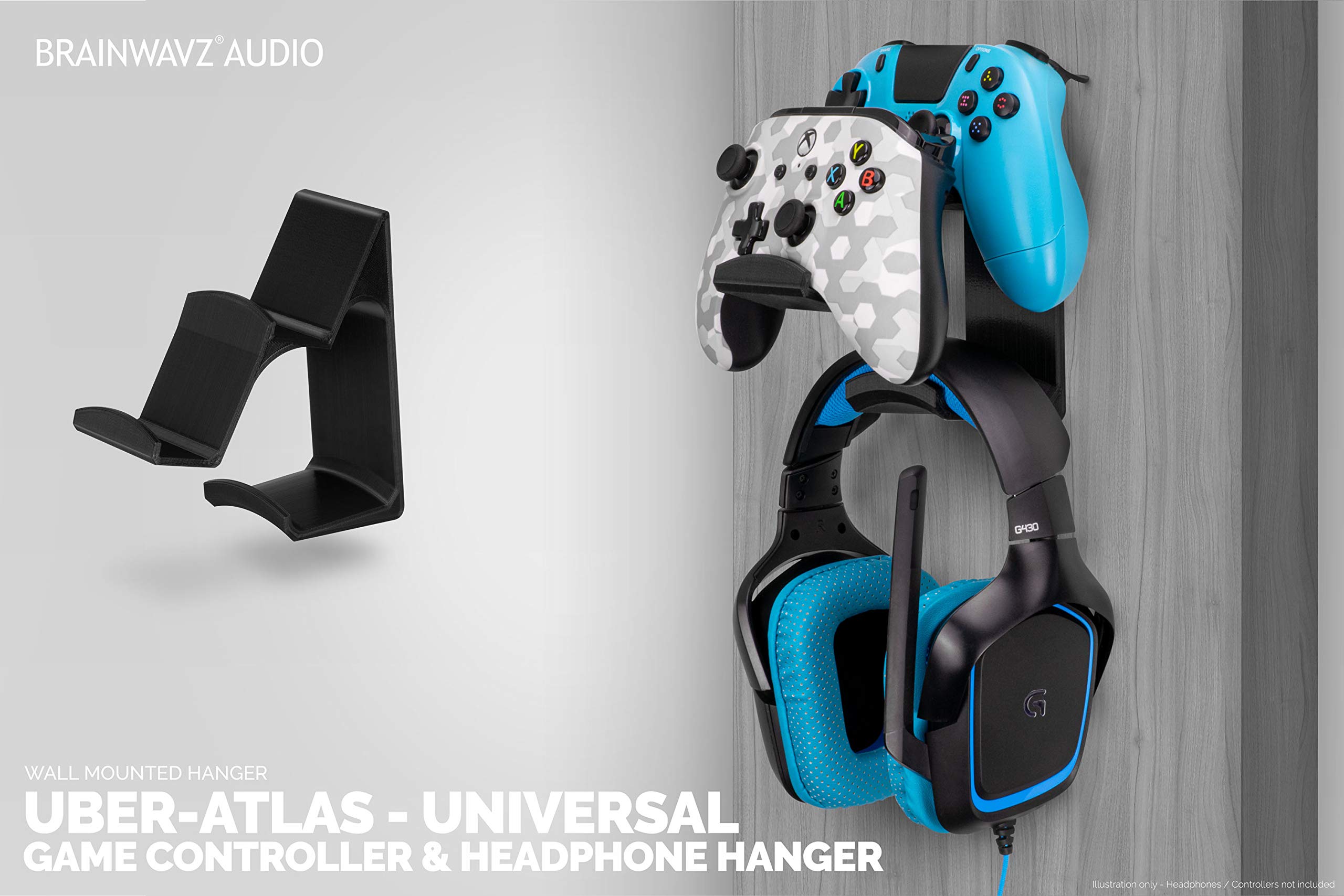 The UberAtlas Dual Game Controller & Headphone Stand Wall Mount Holder for Xbox ONE, Series X, PS5, PS4, PS3, Switch, STEELSERIES Gamepad & More, Stay Organized No Screws, by Brainwavz