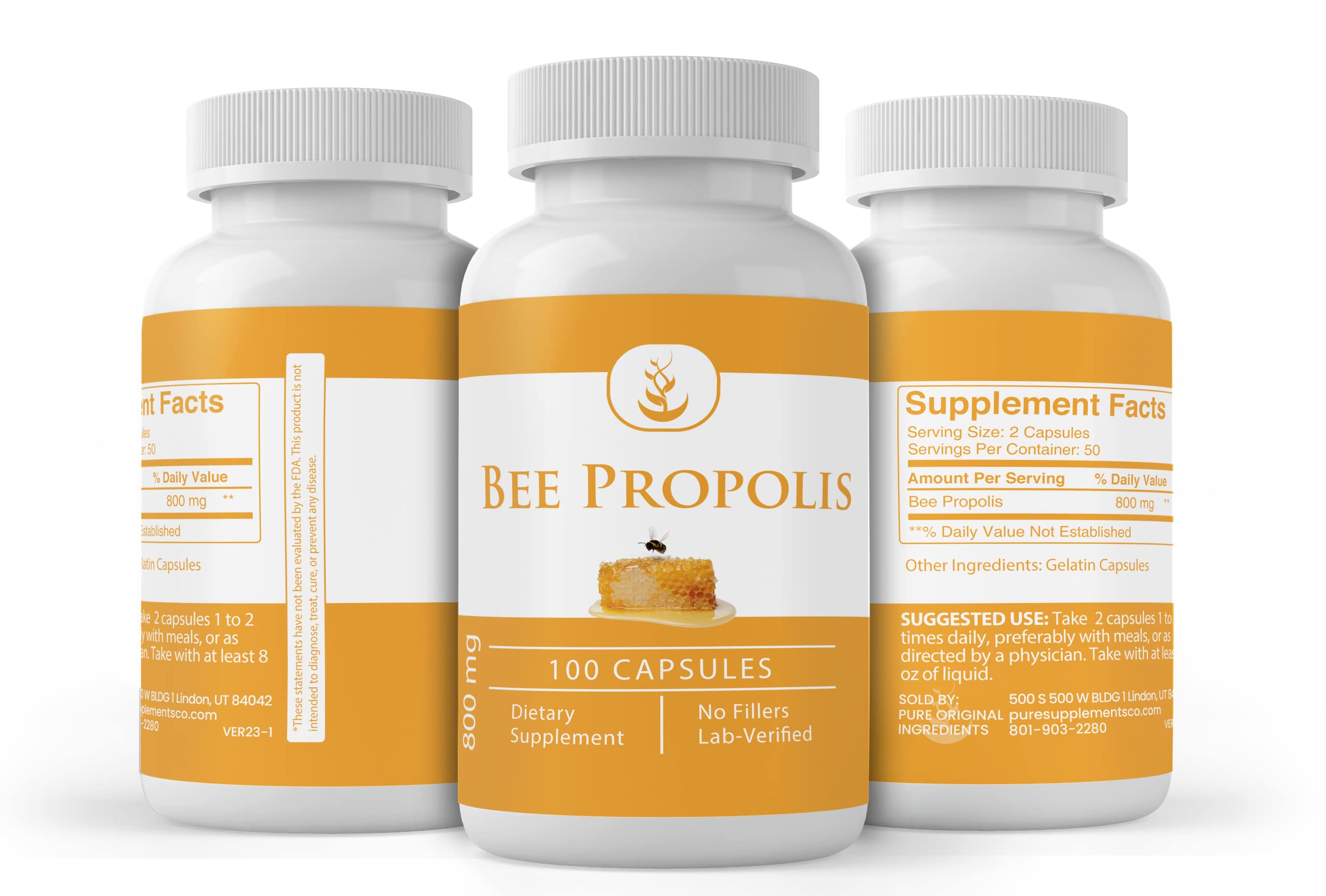 Pure Original Ingredients Bee Propolis, (100 Capsules) Always Pure, No Additives Or Fillers, Lab Verified