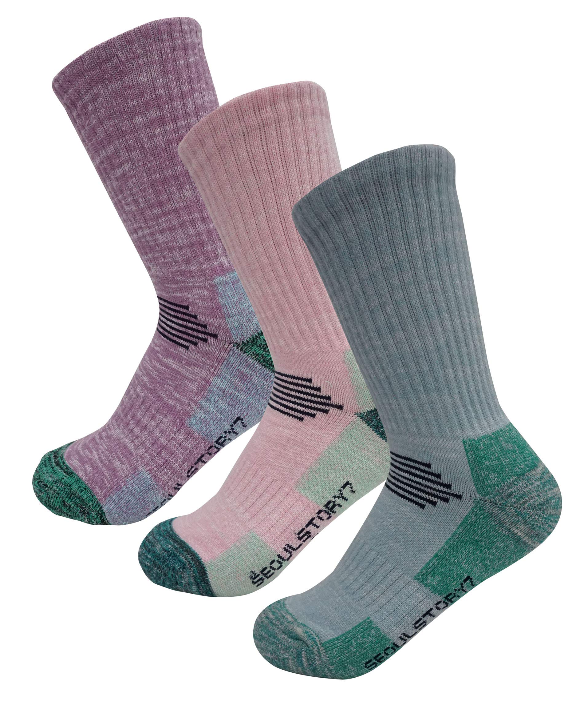 SEOULSTORY7 Women's Multi Performance Cotton Cushion Hiking/Outdoor Crew Socks Year Round 3Pair Purple/Sky Blue/Pink Medium