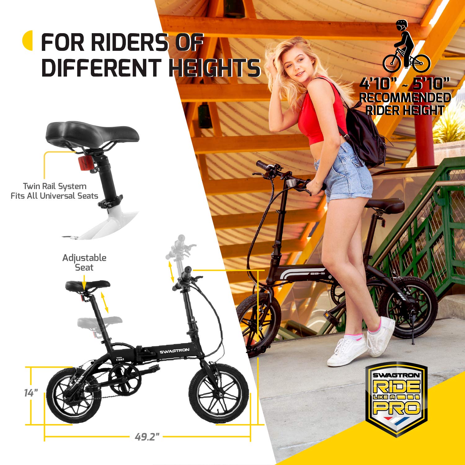 Swagtron Swagcycle EB-5 PLUS Folding Electric Bike with Pedals and Removable Battery, Black, 14" Wheels