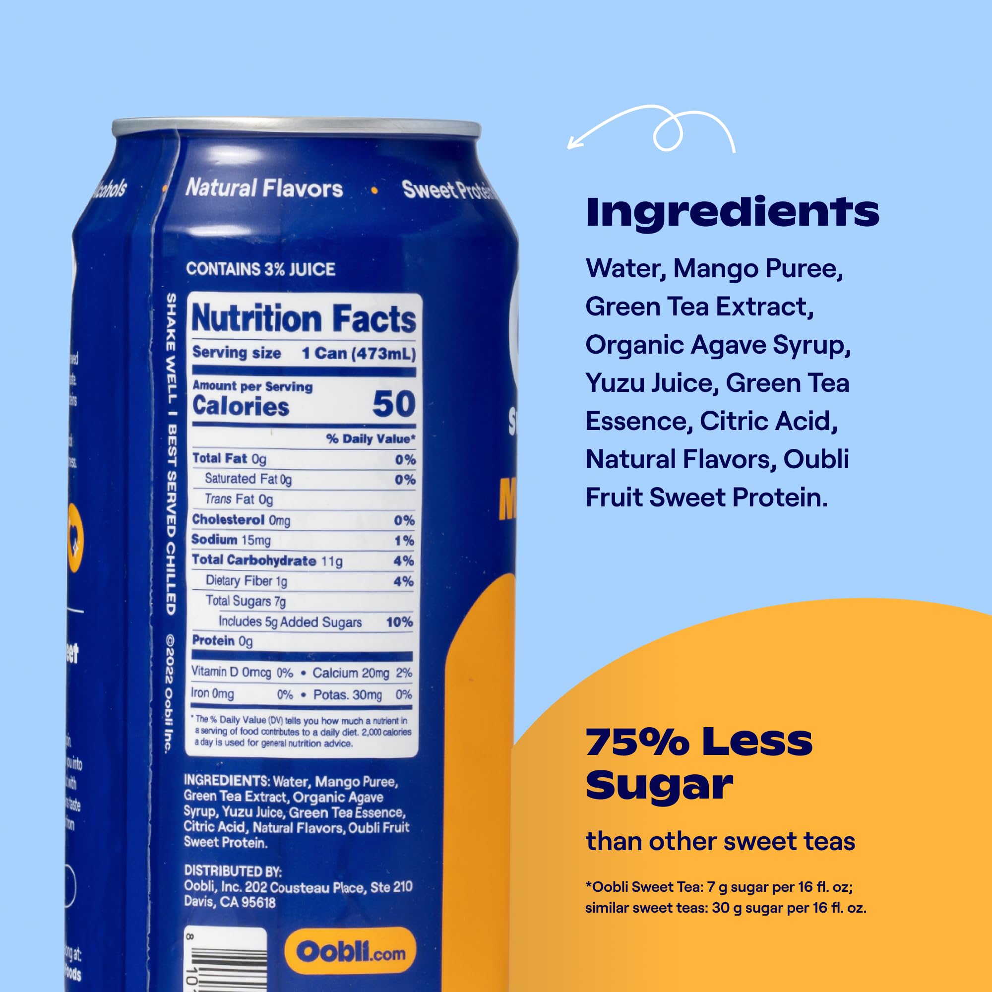 Oobli Sweet Iced Tea Lemon/Peach/Mango Variety Pack (Black Tea and Green Tea) - Low Sugar, Vegan, 50-60 Calories, 16 Fl Oz (6 Pack)