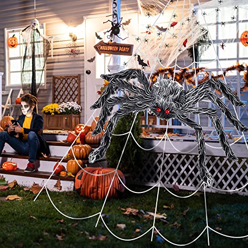 YUJUN Halloween Giant Spider Decorations 59'', Halloween Web Decor Scary Giant Spider with 100PCS Small Fake Plastic Spiders 275'' Giant Spider Webs for Halloween Outdoor and Indoor Decoration