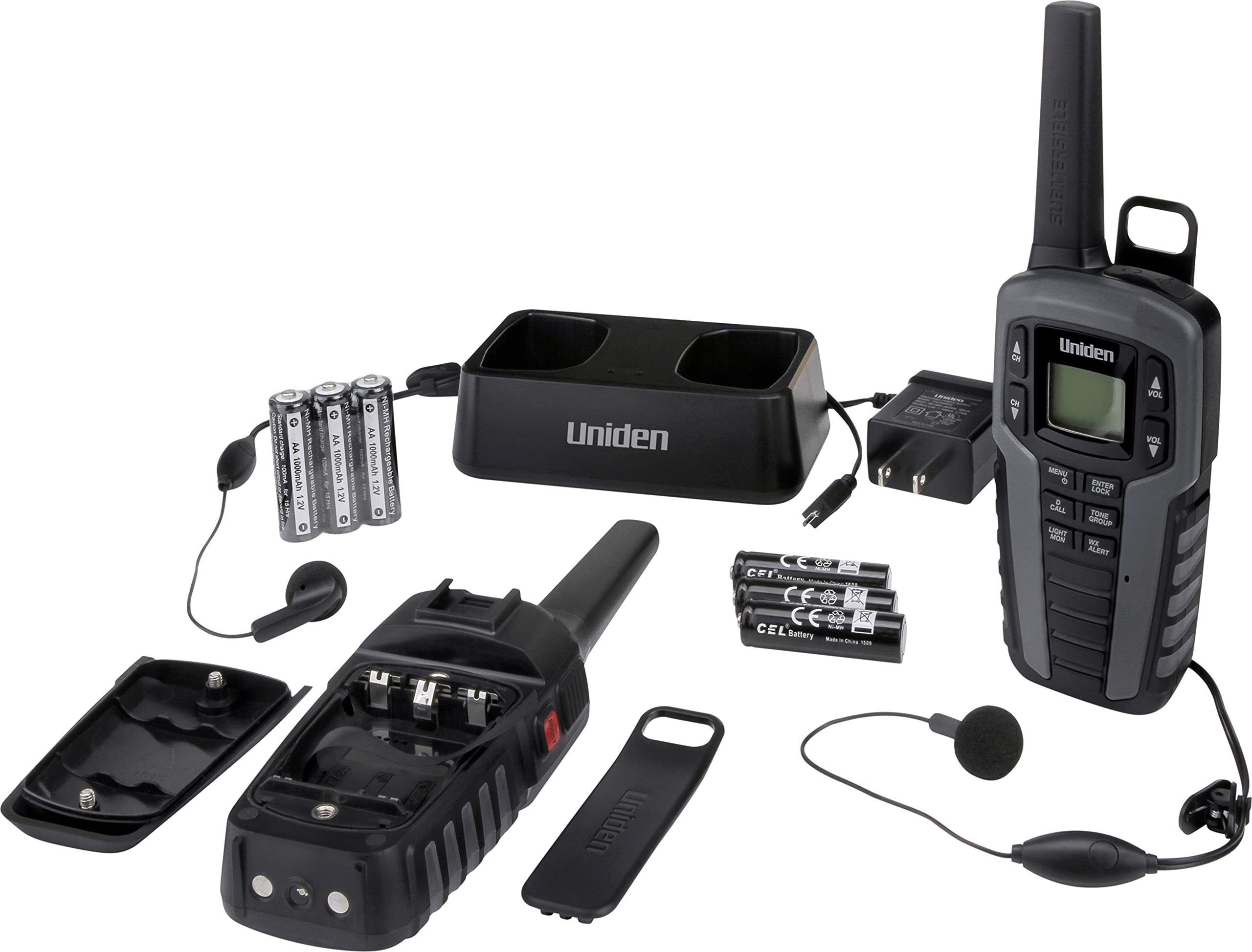 Uniden SX507-2CKHS Up to 50 Mile Range Two-Way Radio Walkie Talkies W/Dual Charging Cradle, Waterproof, Floats, 22 Channels, 142 Privacy Codes, NOAA Weather Scan + Alert, Includes 2 Headsets, Grey