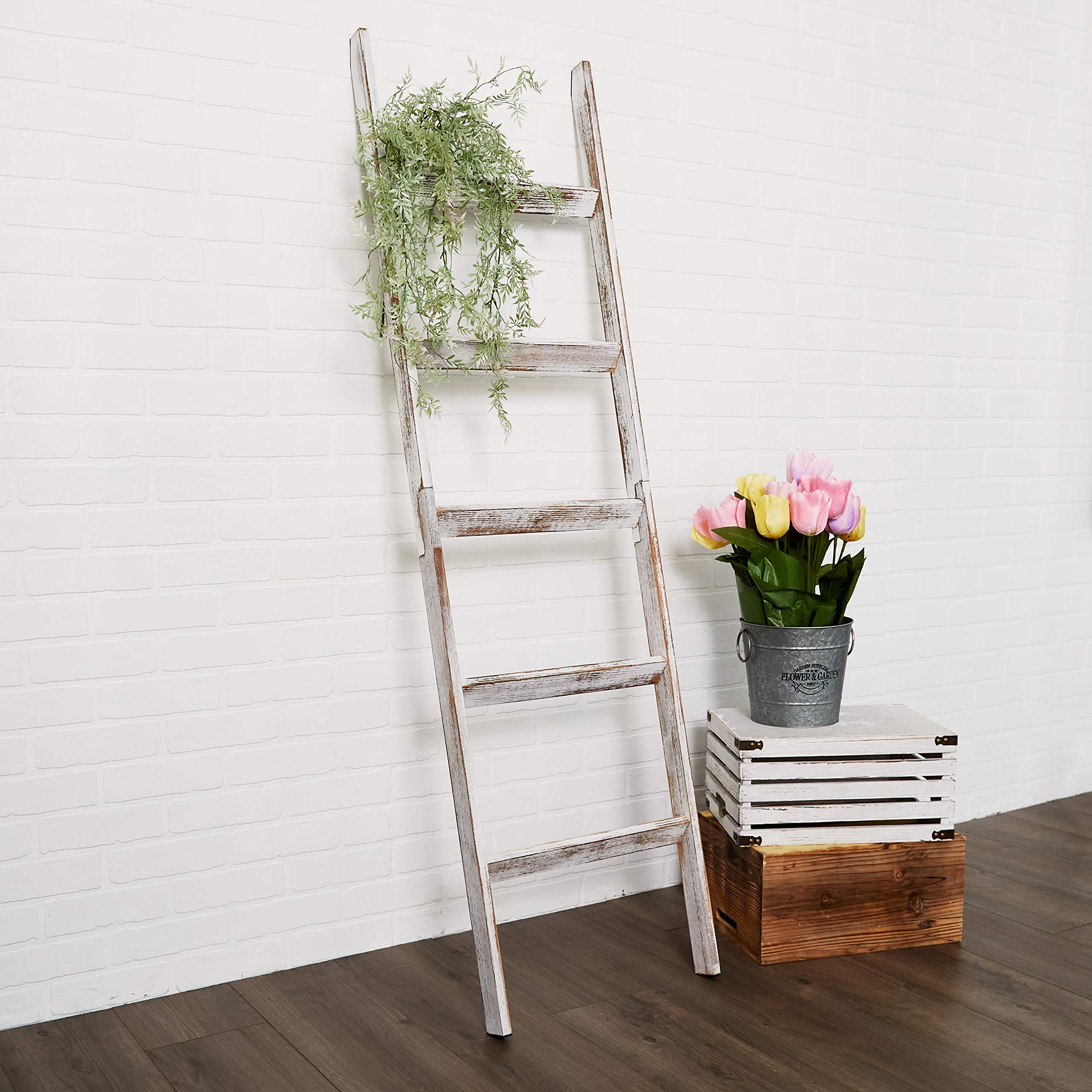 Short Birds Rustic 5ft Blanket Ladder - Farmhouse Home Decor - Quilt/Towels/Throw - Wood - Decorative Shelf - Easy Assembly - Leaning - Padded - Brown
