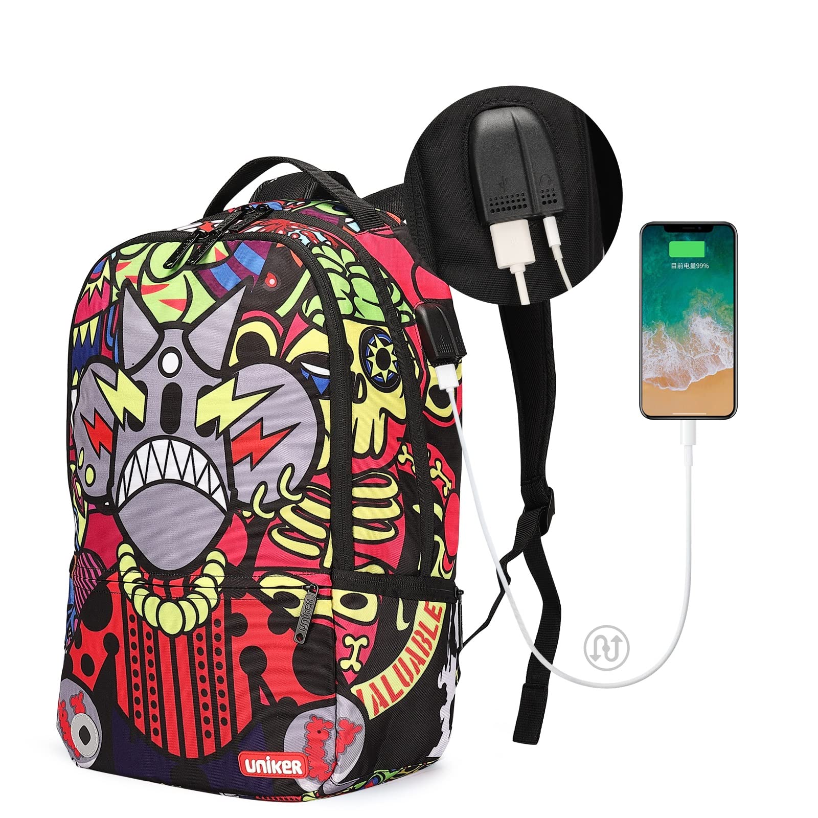 UNIKER Graffiti School Backpack for Teen Boys, 15.6 Inch Laptop Backpack with USB Charging Port, College Backpack with Reflective Straps for Safety