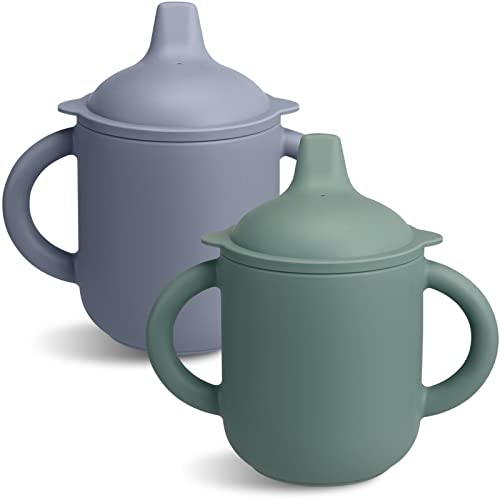 Yaomiao Silicone Sippy Cup Training Cup for Baby over 6 Months Spill Proof Soft Sprout and Handles Lid Baby Cup for 6-12 Months Babies Toddlers Infants, 6 Oz/ 180 ml(Blue, Light Gray)
