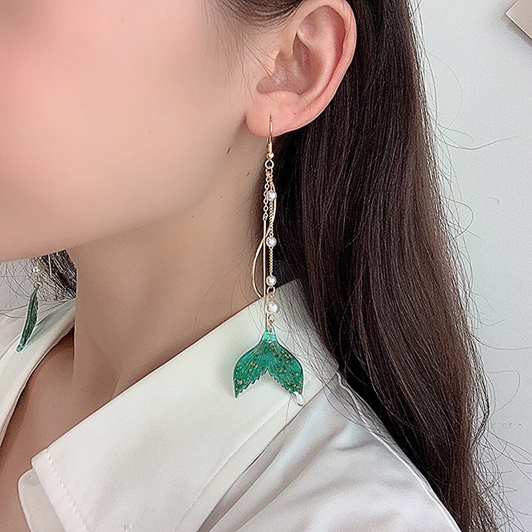 Sequins Mermaid Tail Earrings For Women Fantasy Ocean Princess Earrings Tassel Earrings Creative Ear Hook Translucent Fishtail Pendant Pearl Earrings