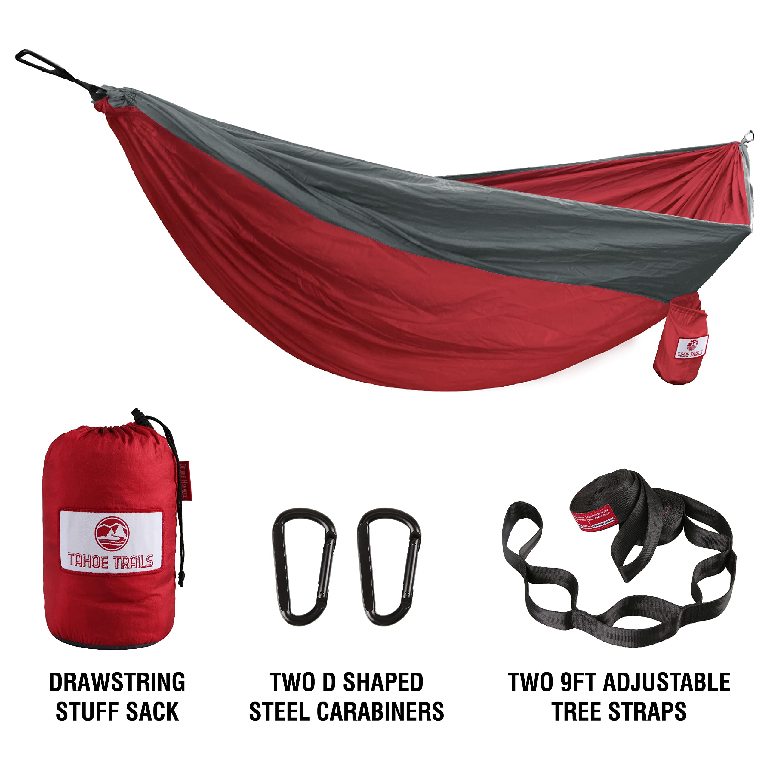 Tahoe Trails Double Camping Hammock for 2 People with Tree Straps, Lightweight Portable Nylon Parachute Hammock for Hiking, Traveling, Backpacking and Backyard, Red & Dark Grey