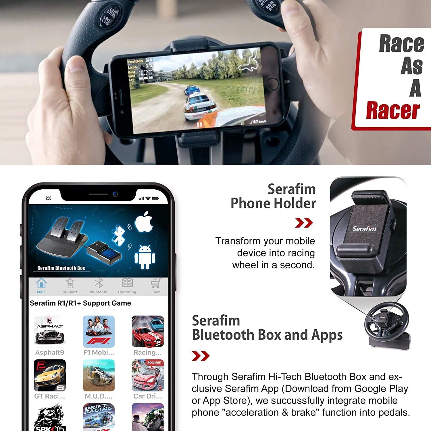 Serafim Gaming Wheel fully supports : XBOX ONE, XBOX Series X&S, PS4, PS3, Switch, PC, iOS, Android -PS4 Steering Wheel, PC Gaming Wheel