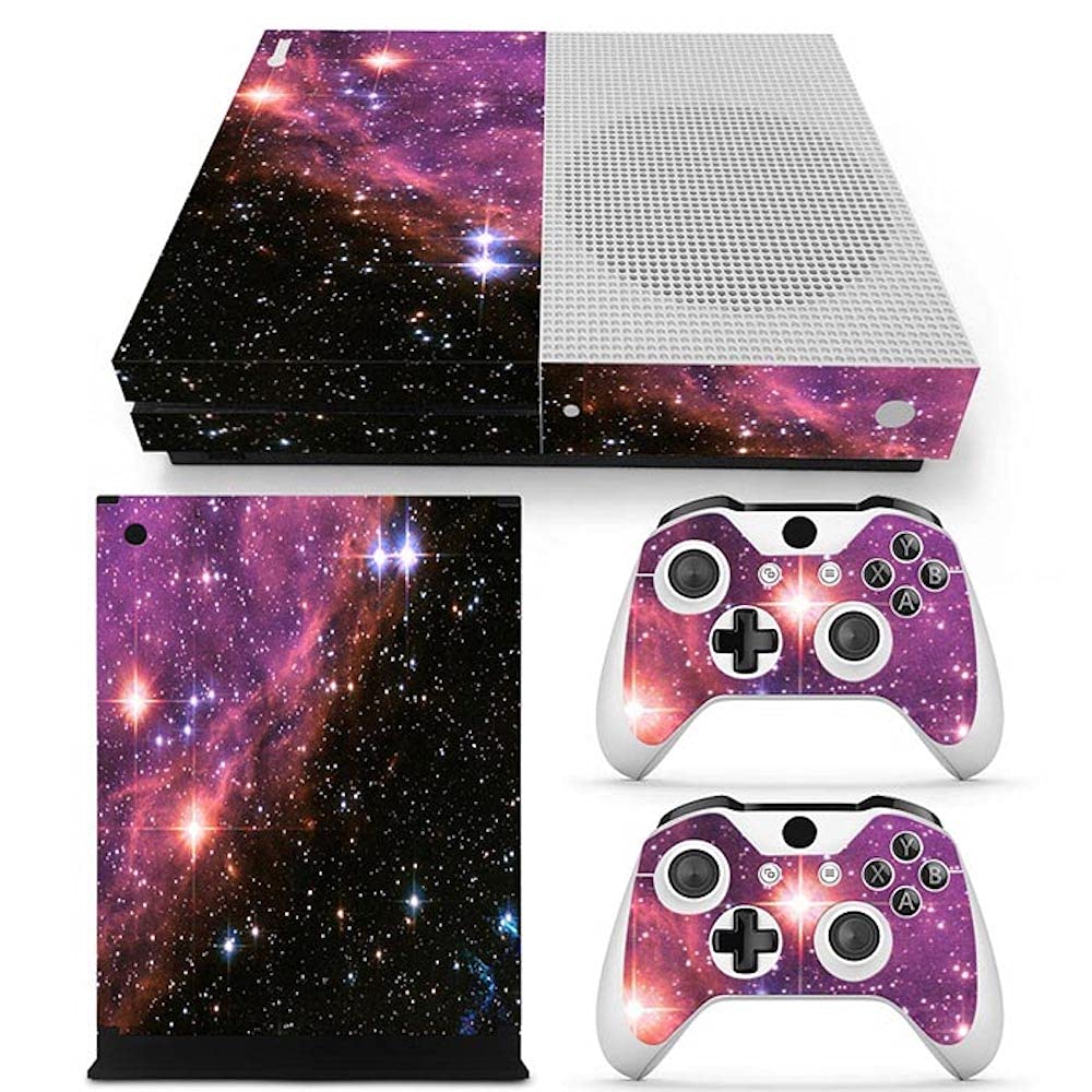 Xbox One S Skins Wrap Sticker with Two Free Wireless Controller Decals, Whole Body Protective Vinyl Skin Decal Cover for Microsoft Xbox One Slim Console - Purple Galaxy