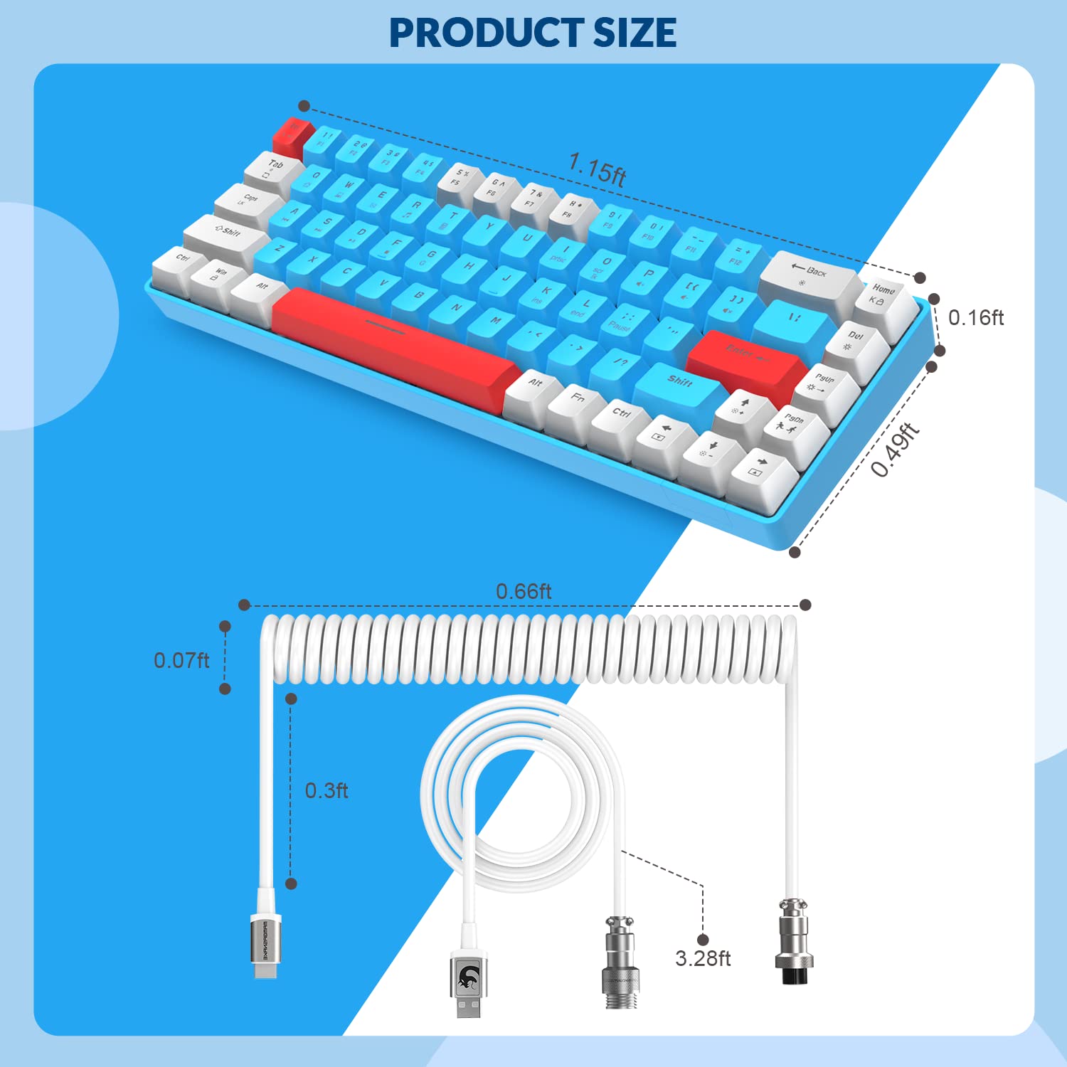YINDIAO T8 60% Gaming Keyboard,68 Keys Compact Mini Wired Mechanical Keyboard with 18 Chroma RGB Backlit,Blue Switch,USB C Coiled Keyboard Cable,for PC,Laptop,Mac,PS4,XBOX-Black