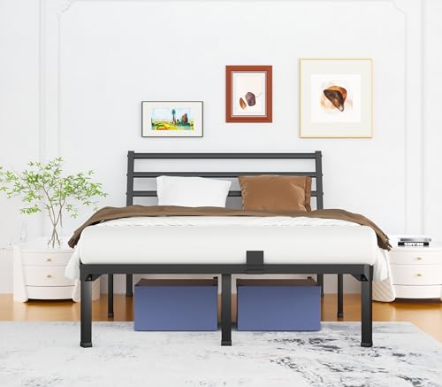 ROIL Queen Size Metal Bed Frame with Headboard, 14inch Black Heavy Duty Platform with Steel Slats Support and Mattress Stoppers, 3500LBS No Box Spring Needed, Easy Assembly Noise-Free
