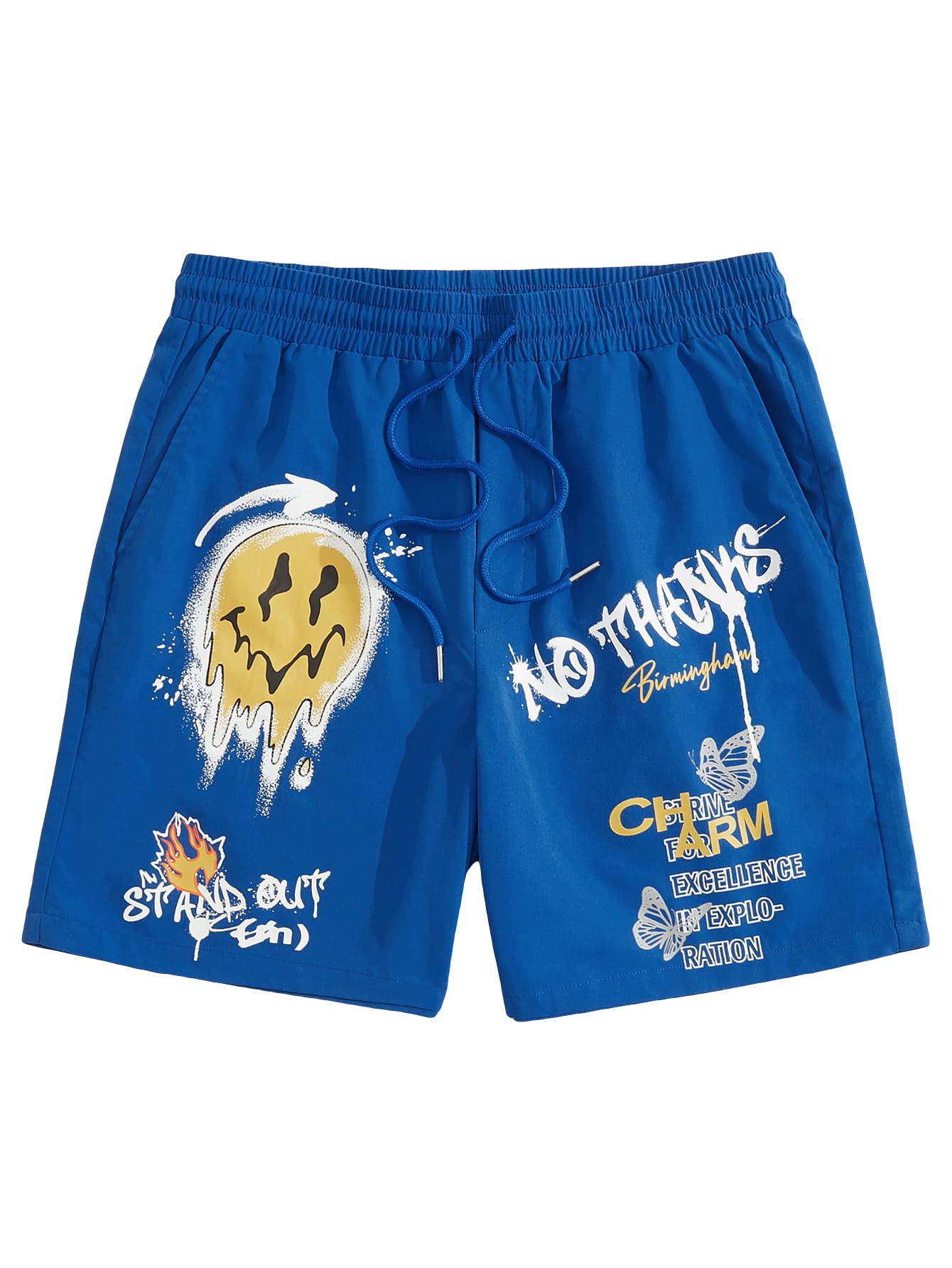 WDIRARA Men's Graphic Print Colorblock Drawstring Waist Active Pocket Shorts Royal Blue M