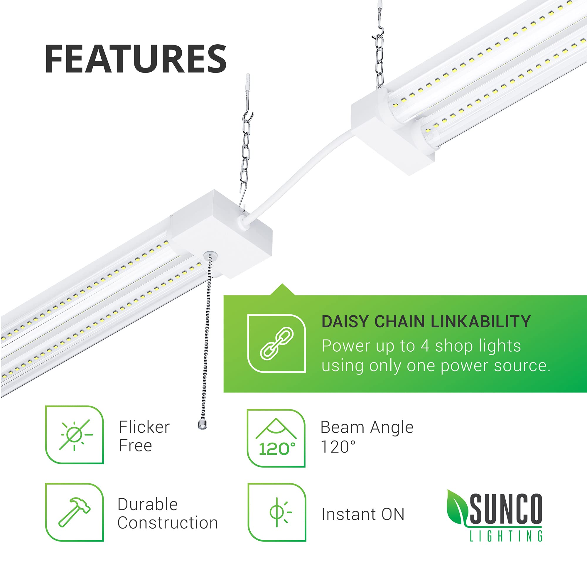 Sunco Lighting 10 Pack Shop Lights LED 4ft Plug in Linkable Garage Fixture, 4500 LM, Link Up to 4, 5FT Power Cable, Surface or Suspension Mount, 40W, 5000K Matte, White Utility 48 Inch Frosted ETL