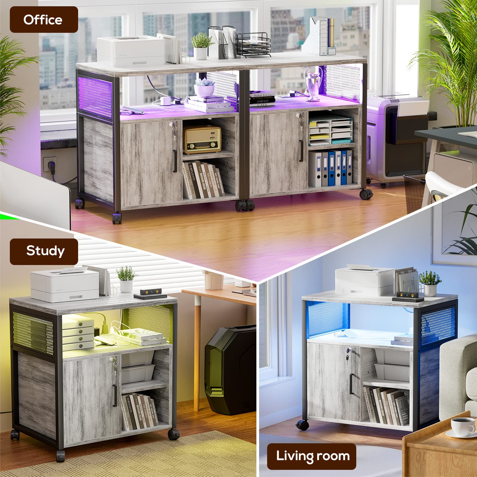 Unikito File Cabinet with LED Lights, Lateral Filing Cabinet with Power Outlets and USB Charging Ports, Printer Stand with Storage, Office Cabinet for Letter, A4, Legal and File Folders, Light Walnut