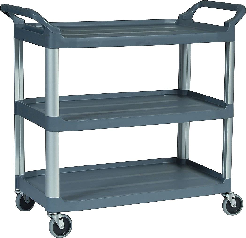 Rubbermaid Commercial Products Heavy Duty 3-Shelf Rolling Service/Utility/Push Cart, 300 lbs. Capacity, White, for Foodservice/Restaurant/Cleaning (FG409100OWHT)