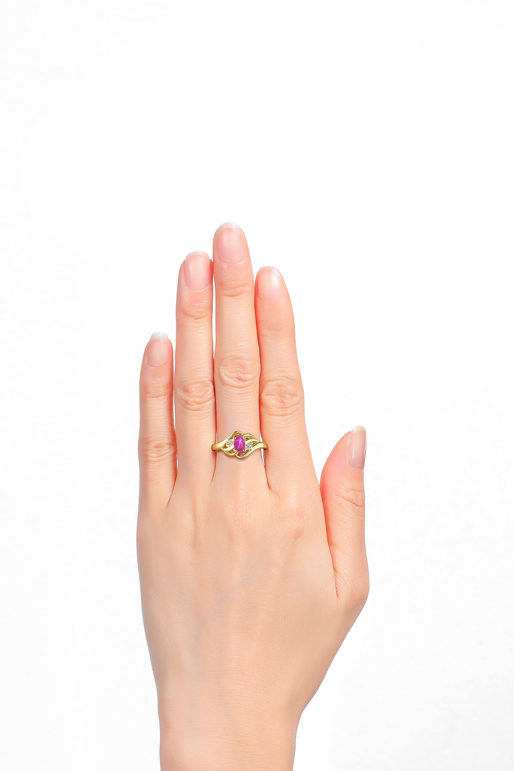 RYLOS Rings for Women 14K Gold Plated Silver Ring Classic Style Birthstone Ring 6X4MM Gemstone & Diamonds July Star Ruby Jewelry for Women Size 6