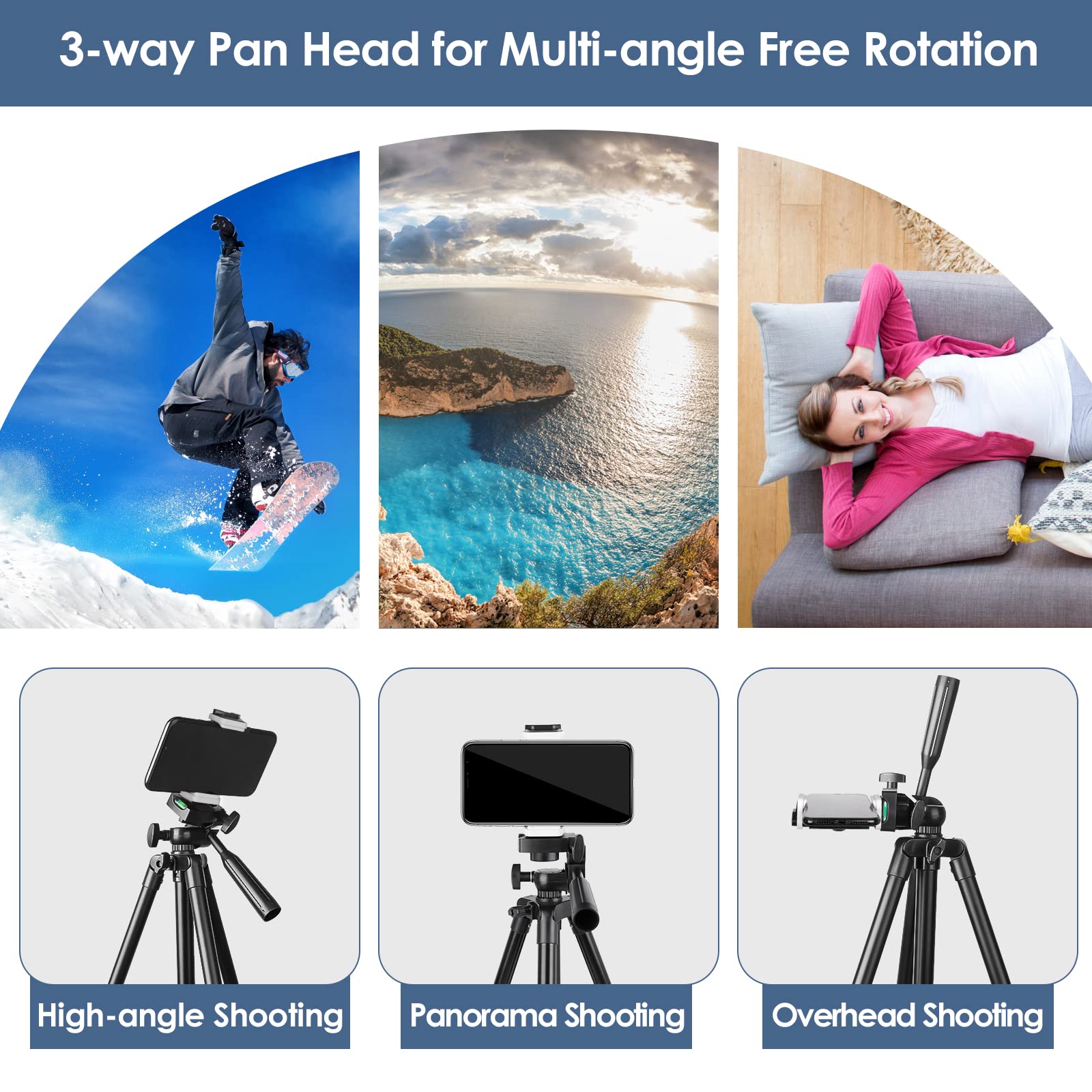 UBeesize 50-inch Lightweight Tripod for Cameras and Cell Phones, Aluminum Travel Tripod with Adjustable Phone Mount for iPhone and Android Black