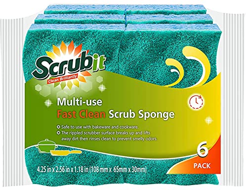 SCRUBIT Multi-Use Scrub Sponge – Non-Scratch Kitchen Sponges for Dishes, Pots & Pans - Heavy Duty & Odor-Free Rippled Scrubbing Pad, Designed for Tough Cleaning Jobs, 6 Count