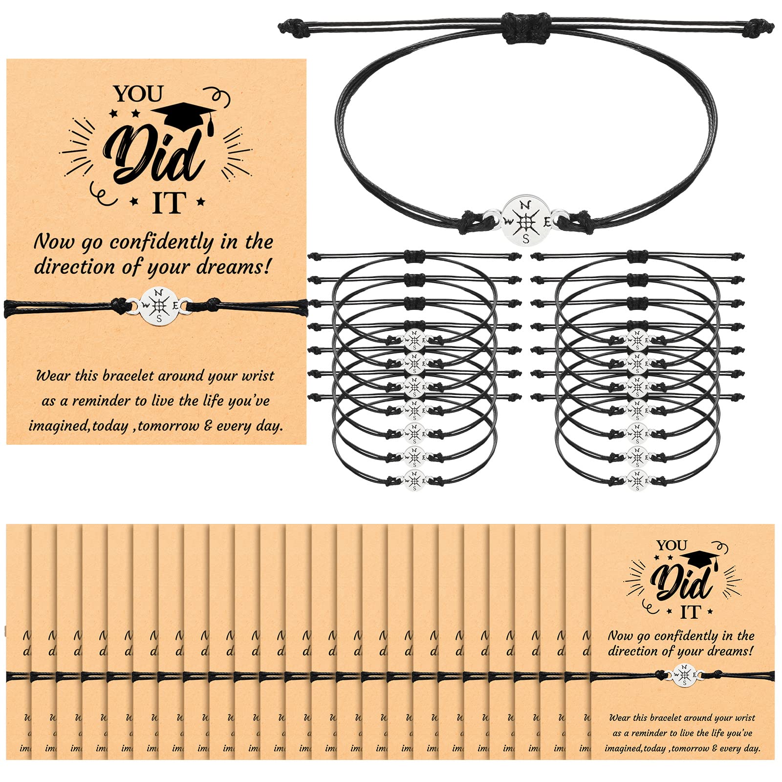 Yinkin 24 Pcs Graduation Bracelet Set 2024 Graduation Gifts Adjustable Compass Bracelets Cards(Classic)