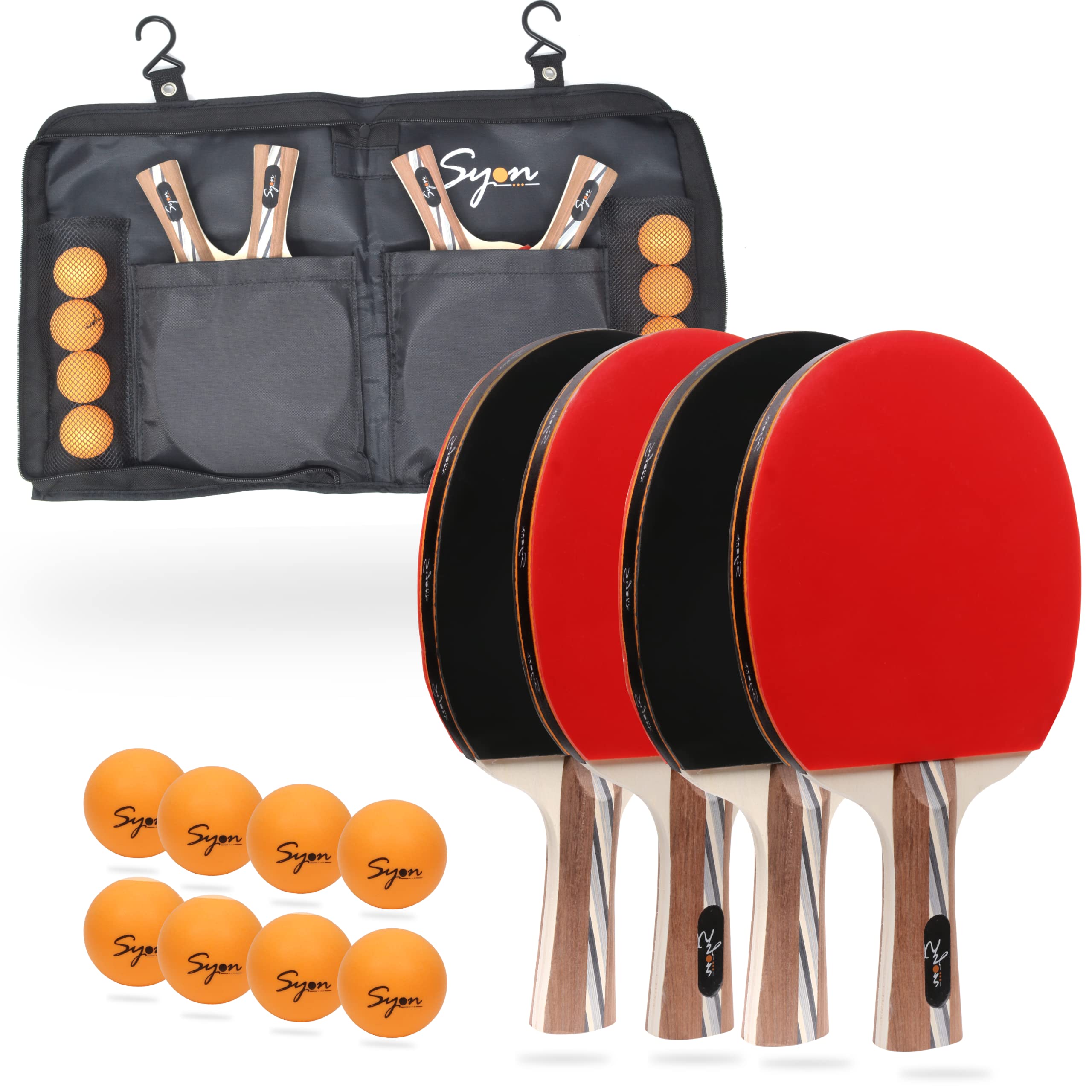 Ping Pong Paddles Set of 4- Innovative Carry Case with Hooks | 8 Balls | Pro 7 Ply Table Tennis Rackets with Accessories