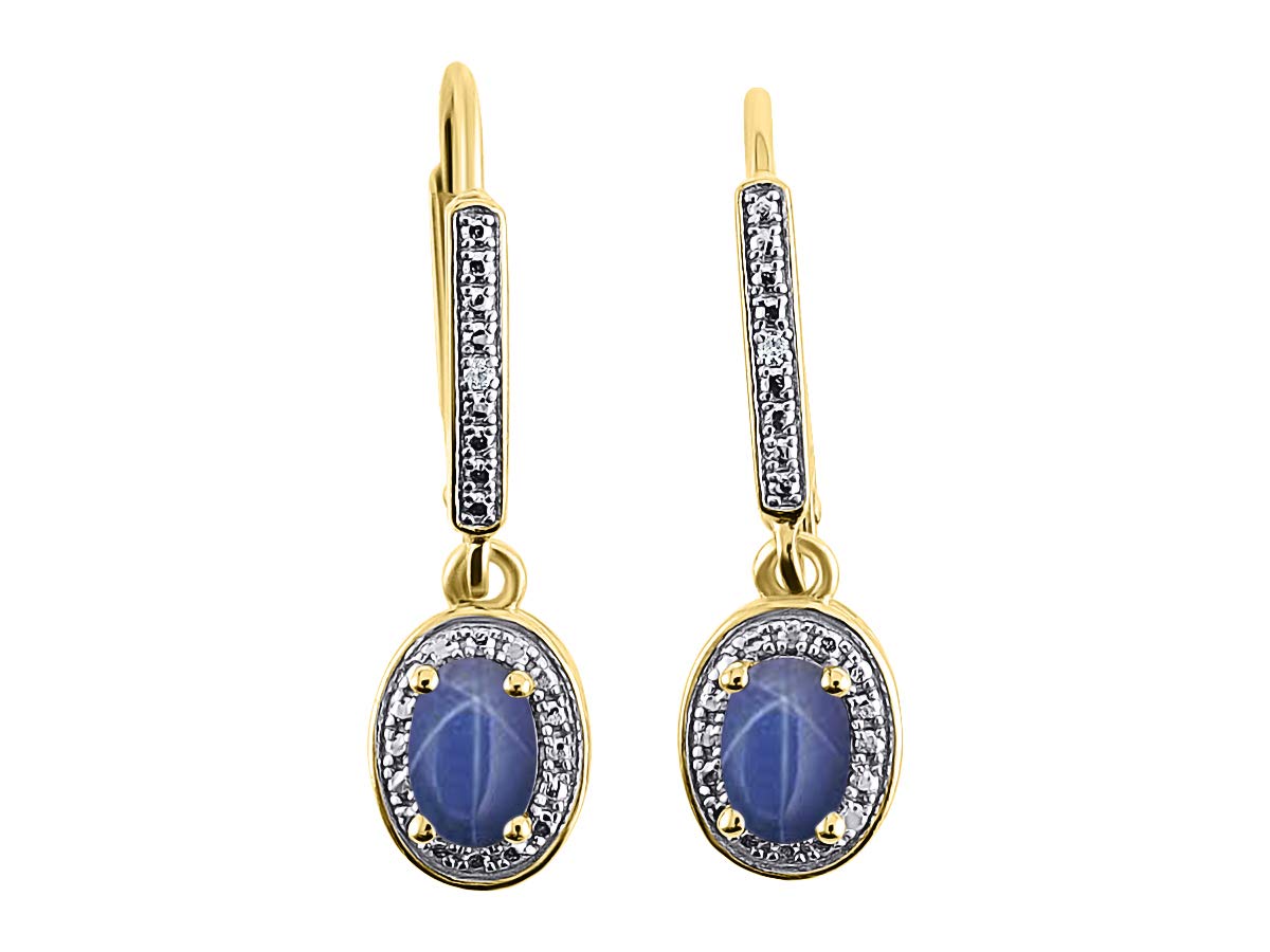 Rylos Yellow Gold Plated Silver Dangling Earrings - 6X4MM Oval Blue Star Sapphire & Sparkling Diamonds - Exquisite Birthstone Jewelry