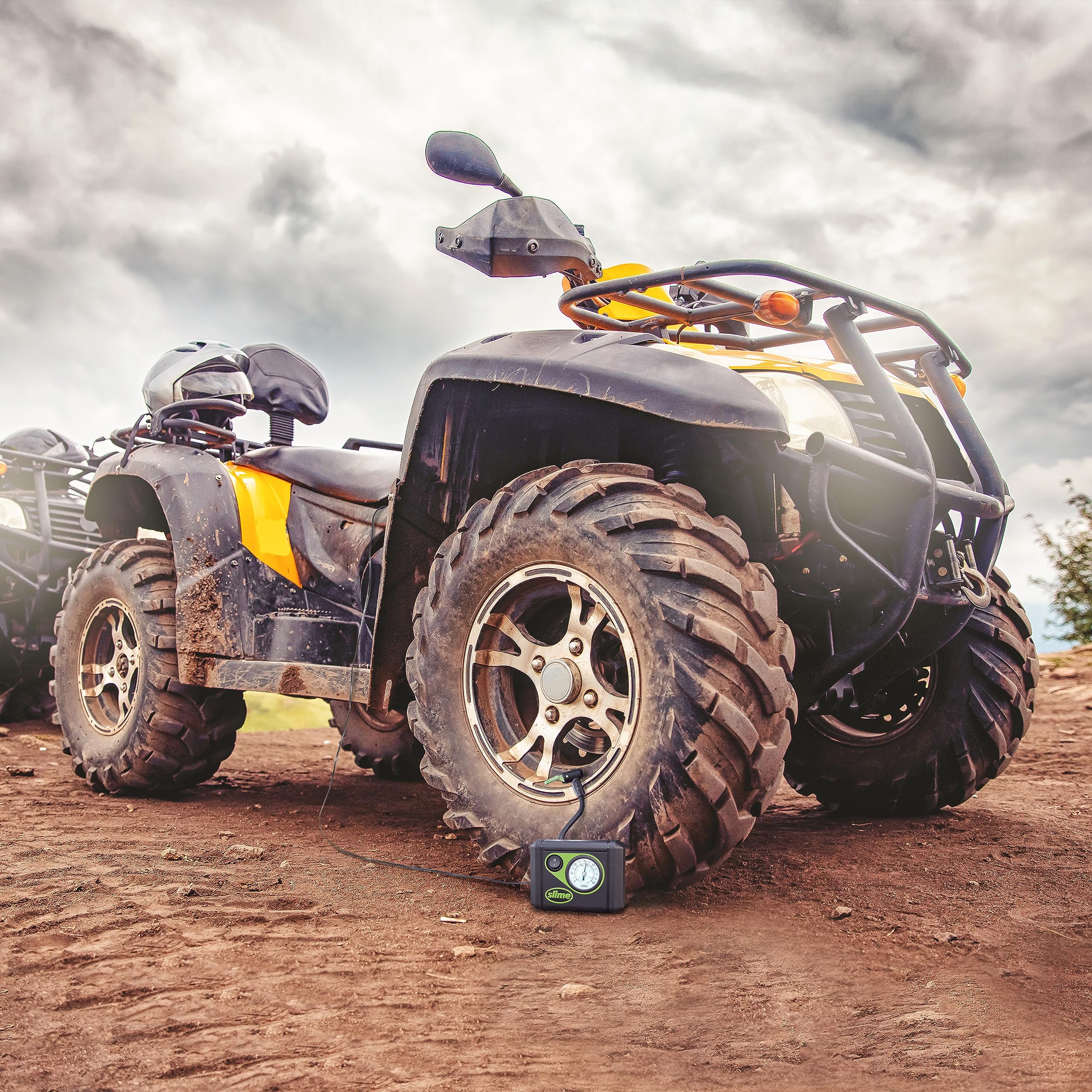 Slime 40061 Tire Inflator, Power Sport, Compact, Lightweight, Analog, Motorcycles, ATVs/UTVs and cars, includes LED light and twist connect hose, 12V and alligator clips, 12 min inflation