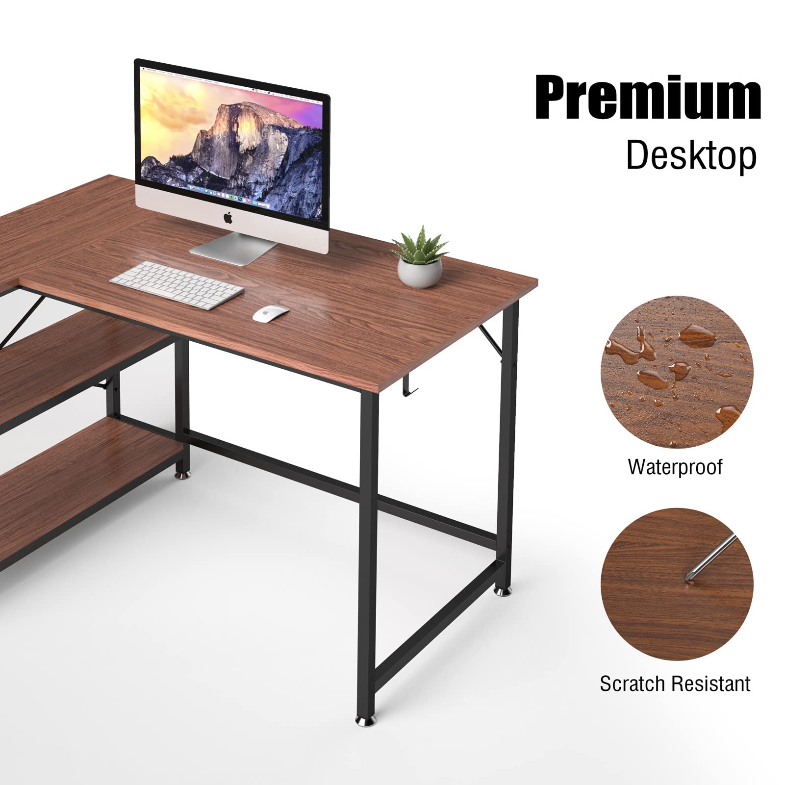 Pyraxis L Shaped Computer Desk, 47 Inch Gaming Desks with Hooks, Corner Desk with Storage Shelves, Office Desk for Small Space, Reversible Desks for Home Office, Walnut