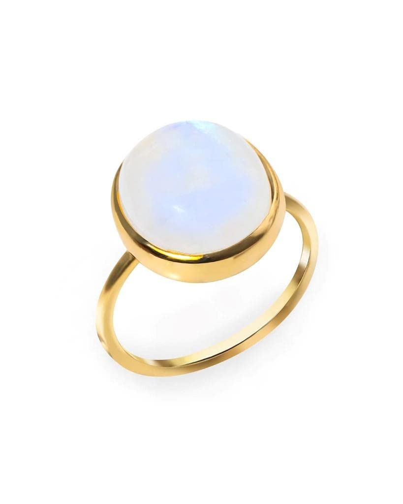 YoTreasure Rainbow Moonstone 925 Sterling Silver Gold Plated Solitaire Ring Jewelry