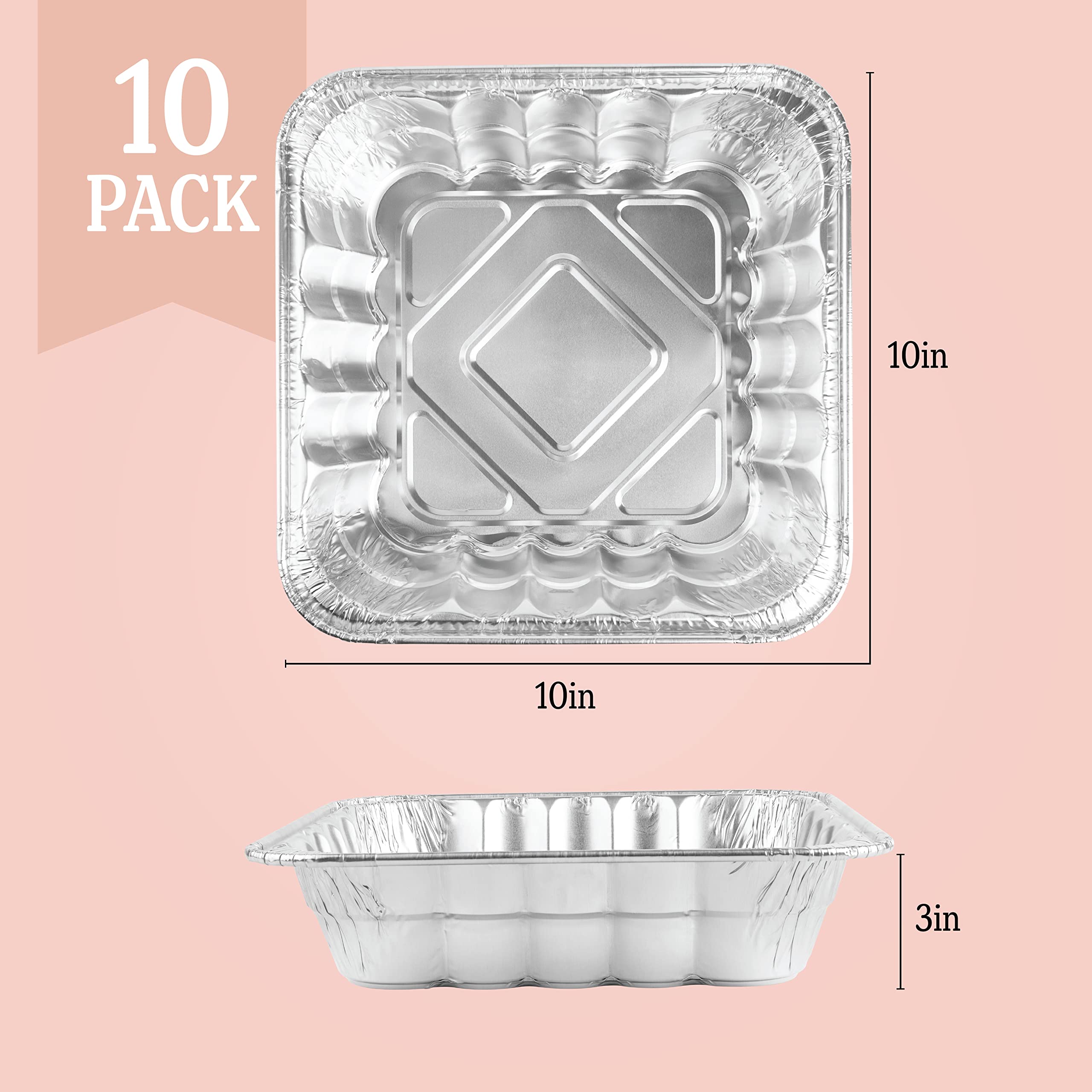 PLASTICPRO Disposable 10'' X 10'' X 3'' Inch Square Aluminum Tin Foil Baking Pans Bakeware - Cookware Perfect for Baking Cakes, Breads, Brownies, Bread, Meatloaf, Lasagna, Pack of 10