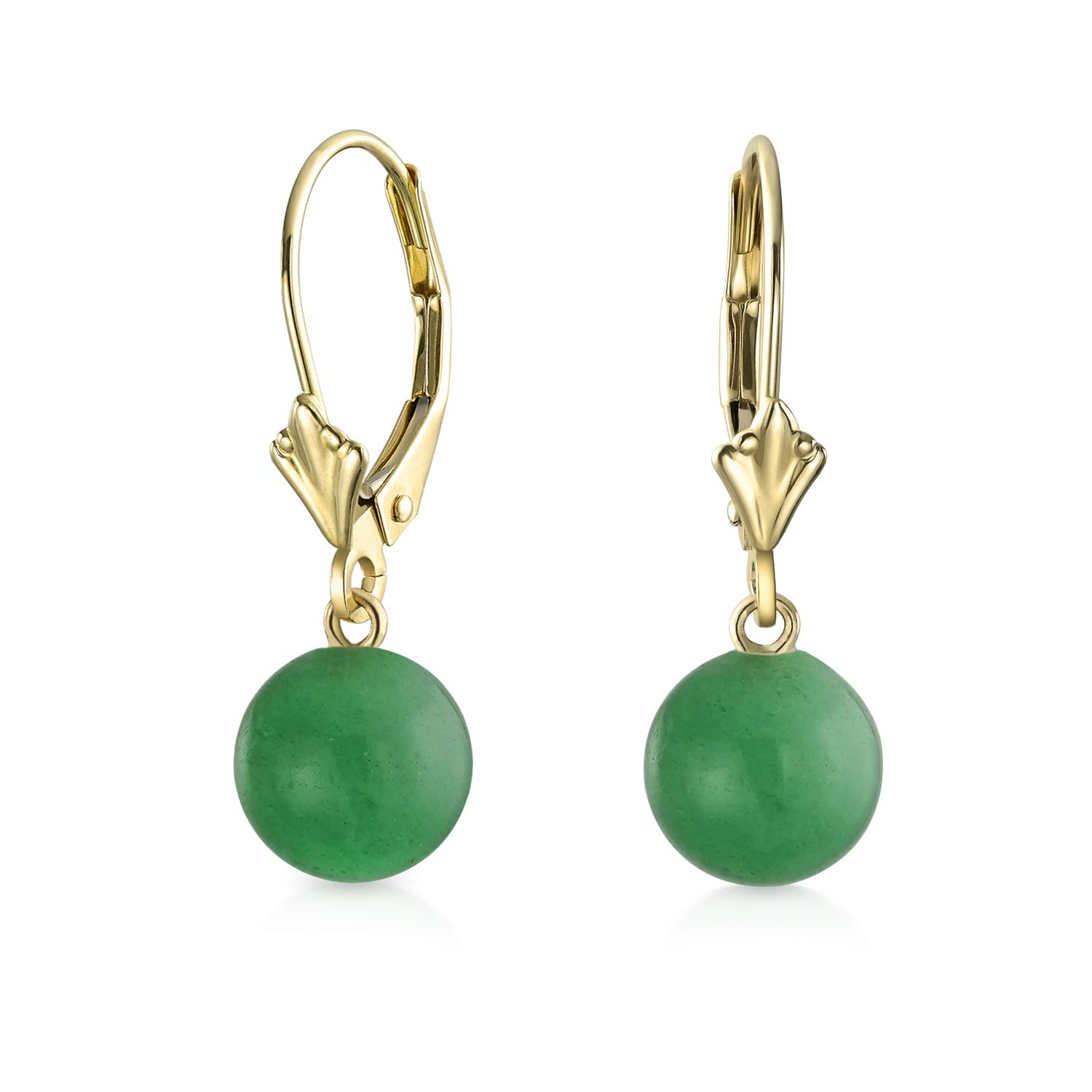 Real 14K Yellow Gold Stabilized Turquoise Round Bead Lever back Dangle Ball Drop Earrings For Women December Birthstone