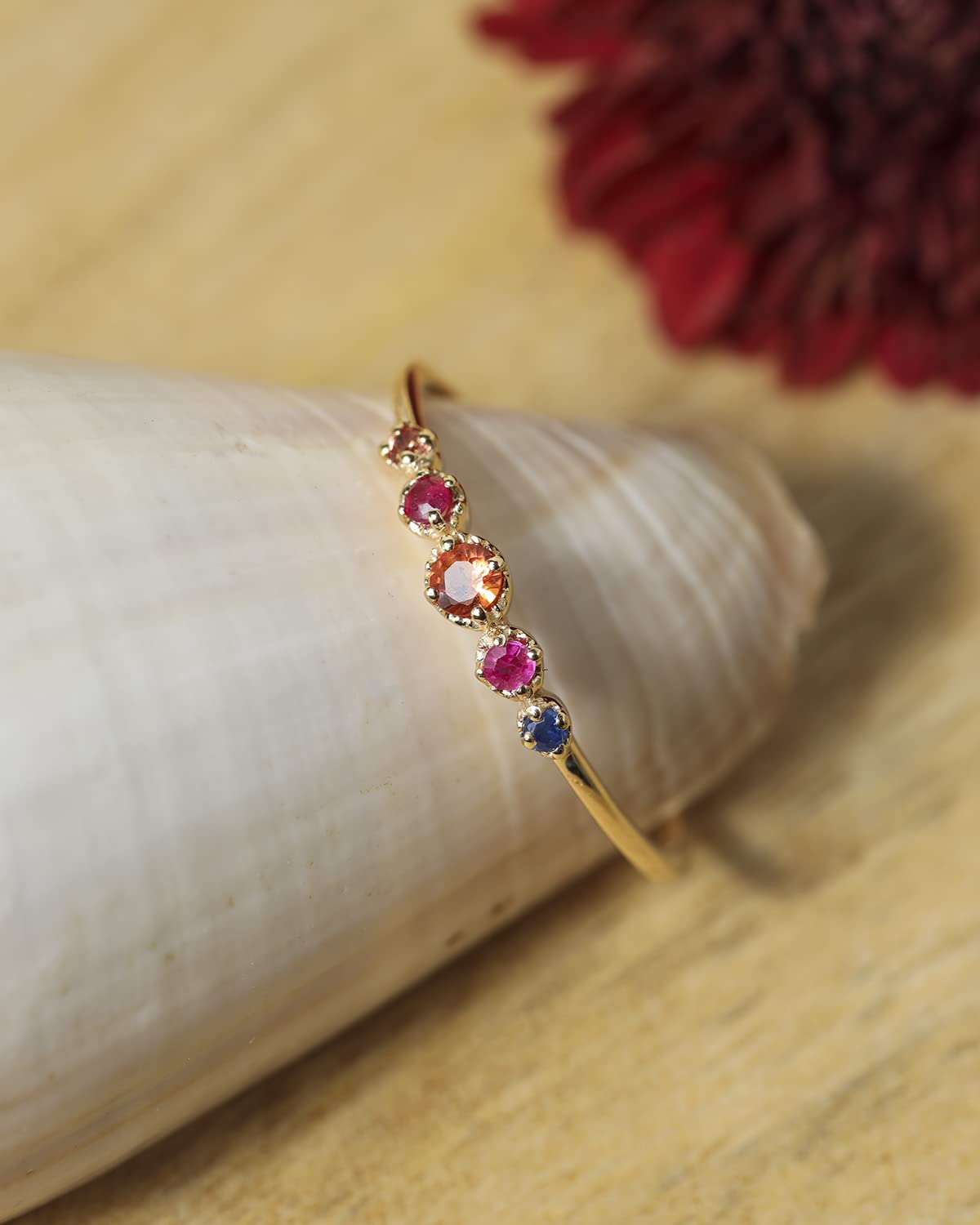 YoTreasure Rhodolite Garnet Solid 14K Yellow Gold 5-Stone Wedding Band Ring Jewelry
