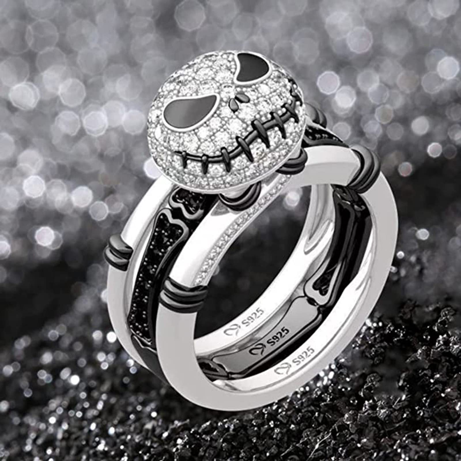 xrxebv Skull Cute Halloween Rings Christmas Ring Black and White Nightmare Before Christmas Ring 2 in 1Skeleton Rhinestone Finger Rings (2 in 1(2), 11)