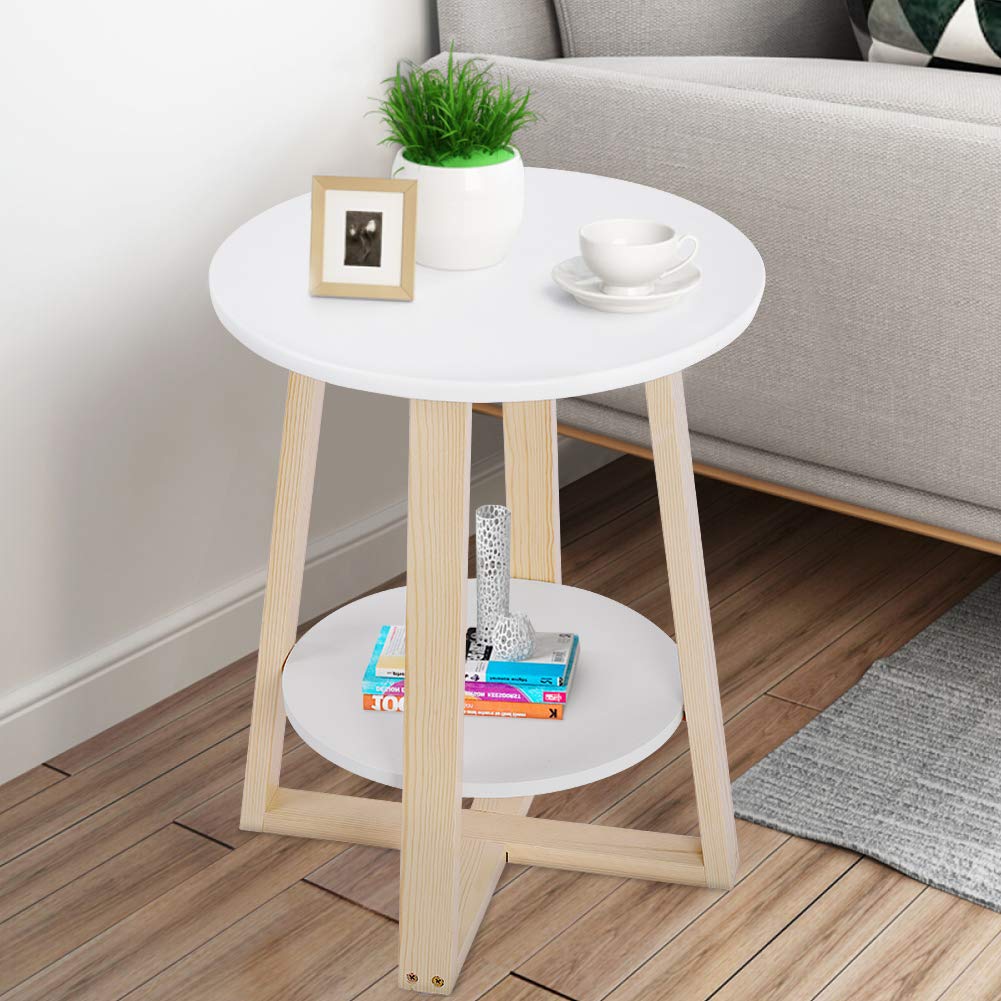 Side Table Round White End Table Small Coffee Tables for Small Spaces Midcentury Modern Night Table for Bedroom with Storage Shelves for Home Office Living Room Solid Wood Bracket