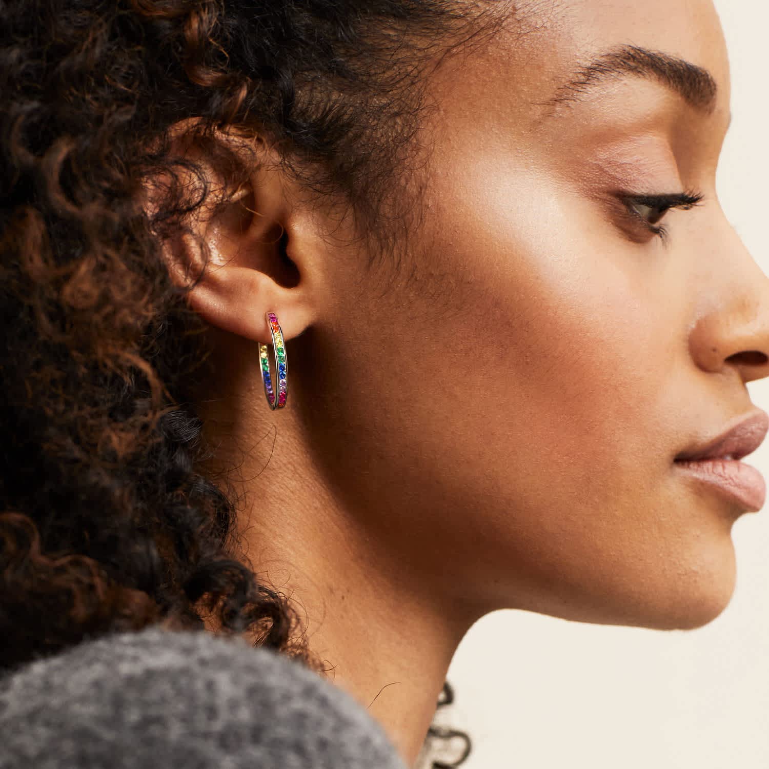 YINONE Rhodium Plated Rainbow Hoop Earrings Colorful CZ Silver Hoop Earrings