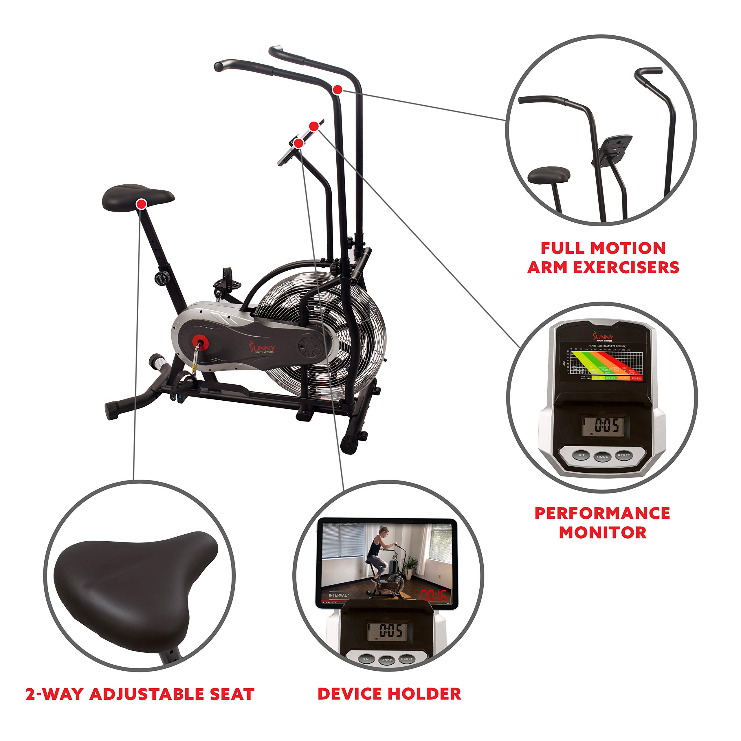 Sunny Health & Fitness Exercise Tornado Fan Air Bike with Bluetooth and Heart Rate Compatibility