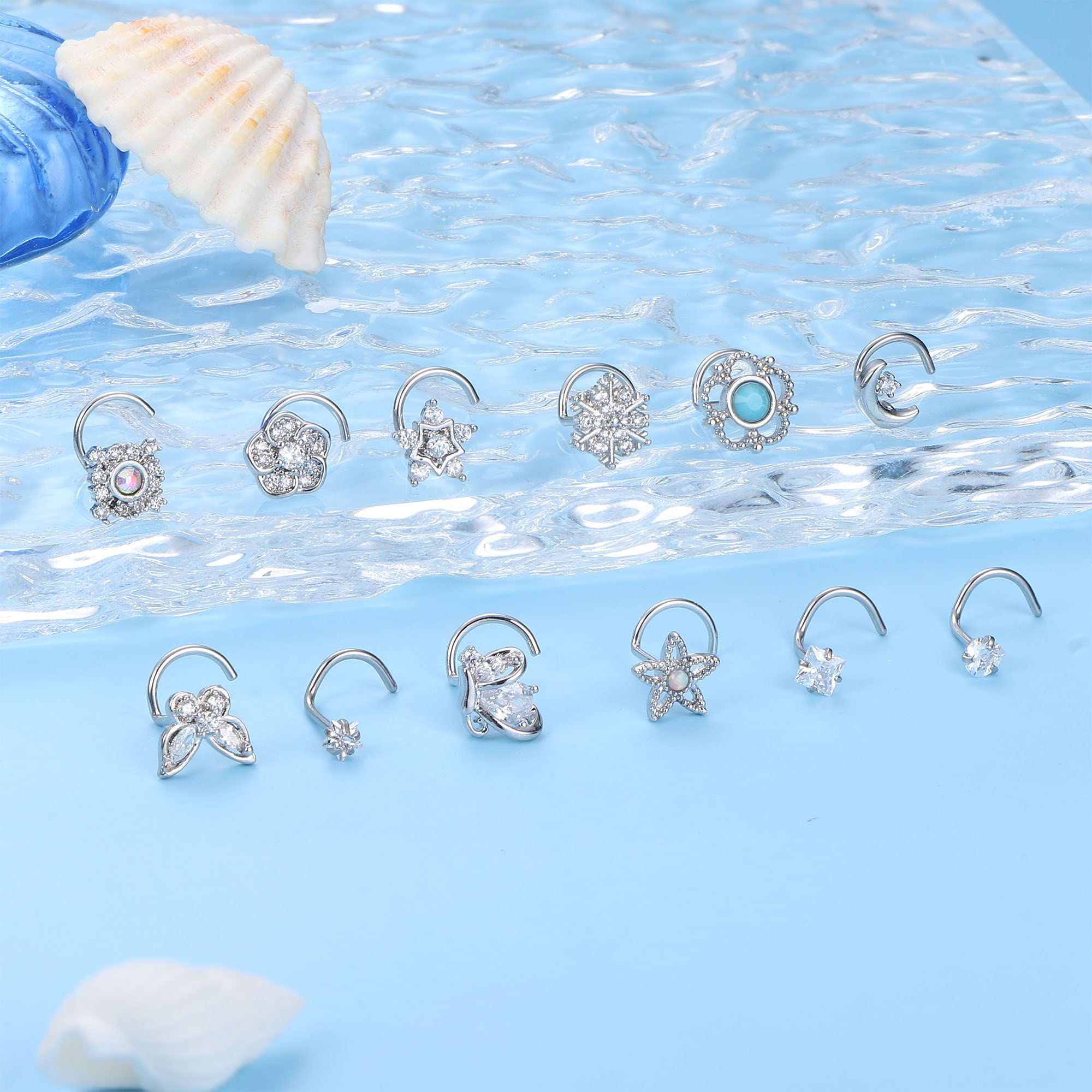 Ubjuliwa 12Pcs 20G Stainless Steel Nose Rings Stud for Women Screw L Shaped Nose Studs Cubic Zirconia Moon Star Snowflake Flower Butterfly Nose Piercing Stud