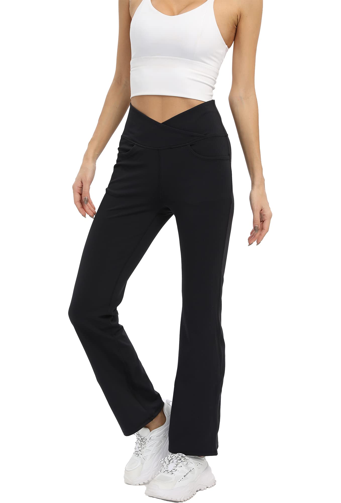 Yinowe Women's Bootcut Yoga Pants V Crossover High Waisted Long Flare Legging Work Pants with Pockets Black