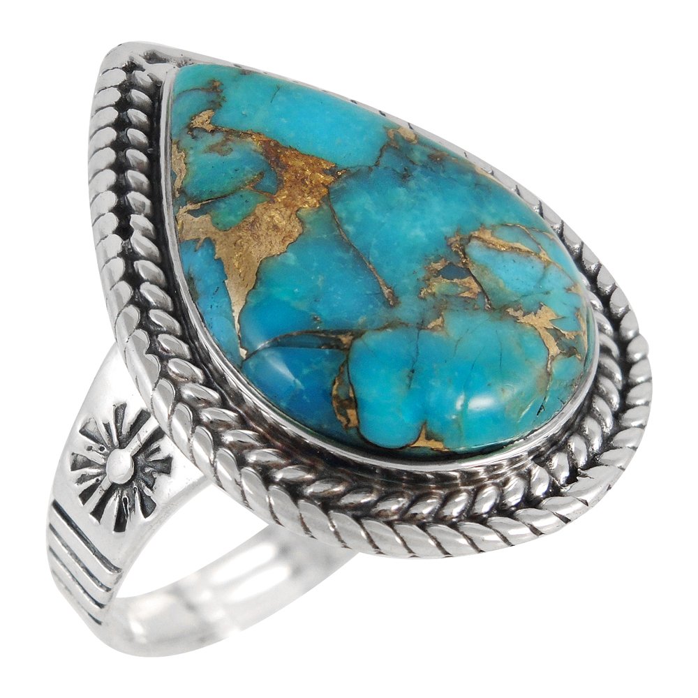 Turquoise Ring in Sterling Silver 925 & Genuine Turquoise Size 6 to 11 (SELECT color) (Framed Teardrop, 8)