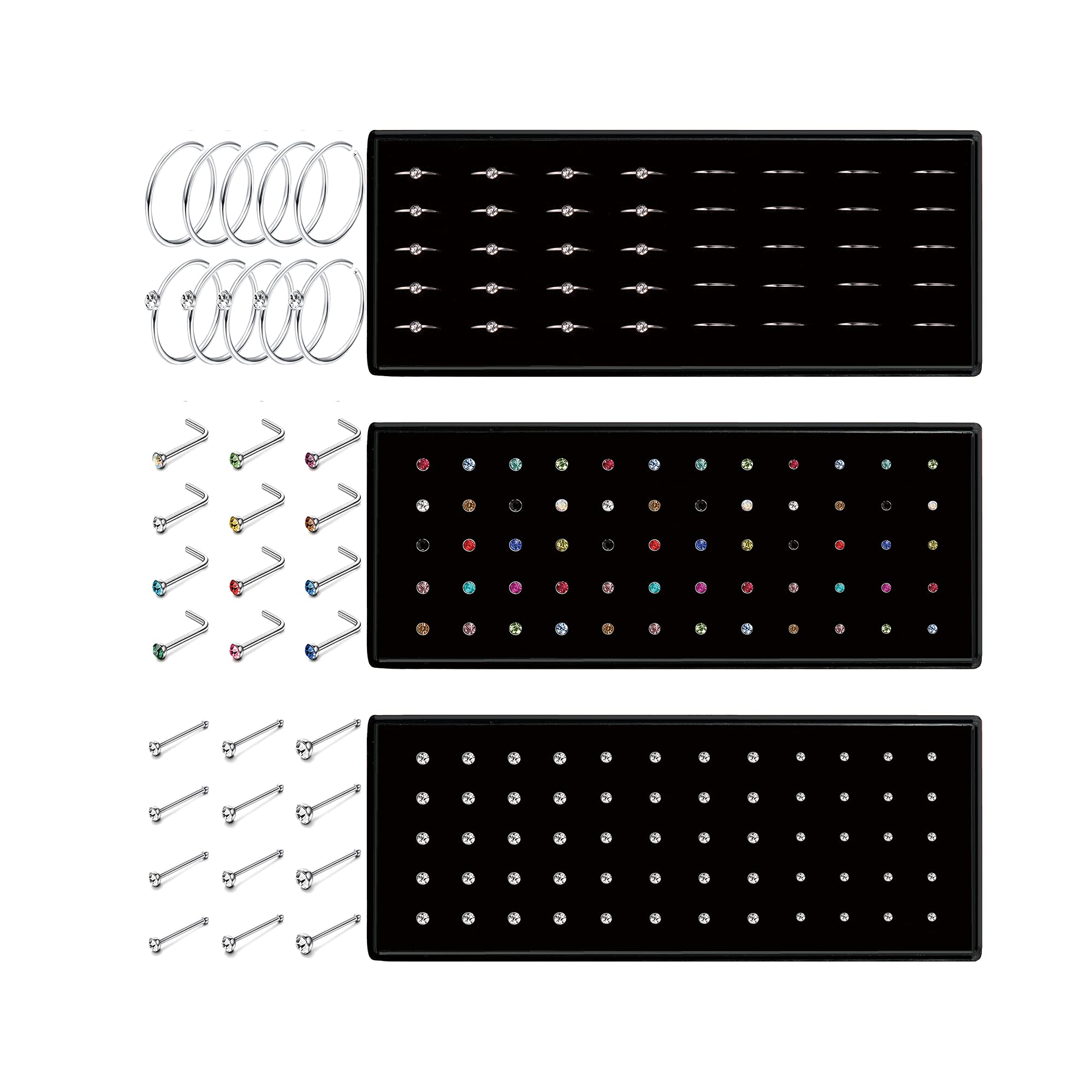 Ubjuliwa 160pcs 20G-22G 1.5mm 2mm 2.5mm Nose Studs Stainless Steel Nose Rings Studs Crystal Rhinestone Stud Nose Rings for Women Nose Piercing Jewelry
