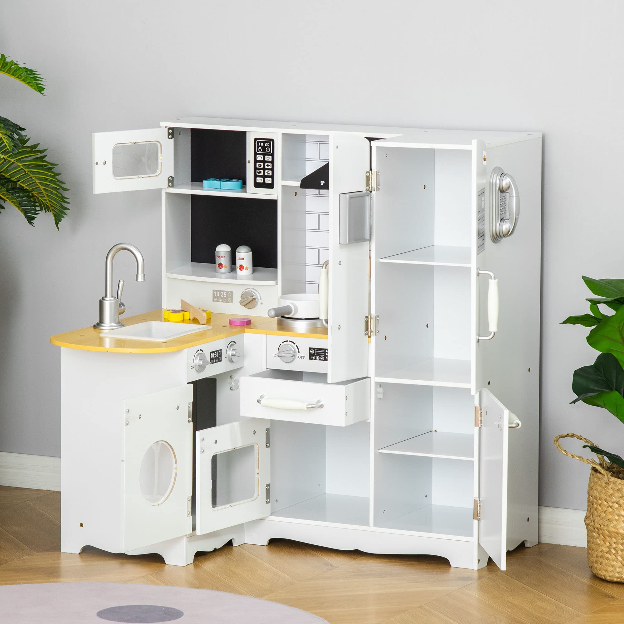 Qaba Large Play Kitchen with Full Set of Appliances for a Modern Day Pretend Kitchen, Tons of Storage, Corner Play Kitchen Set with Sound Effect, Educational Pretend Role Playset Game