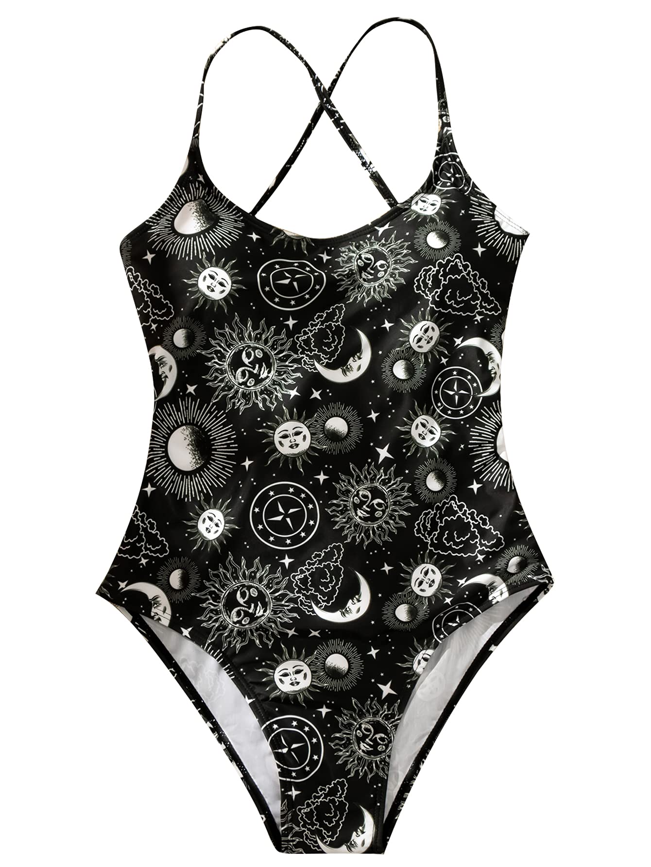 SOLY HUX Women's Plunge Neck Cross Back High Cut One Piece Bathing Suits Swimsuit Black Sun Moon XL