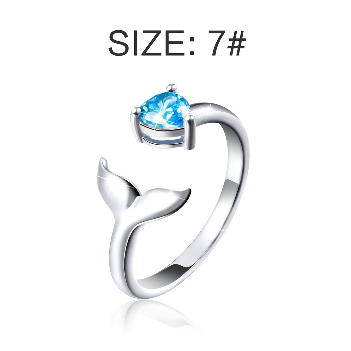 S925 Sterling Sliver Dolphin Mermaid Tail Ring Love Heart Blue Cubic Zirconia Open Ring，7#