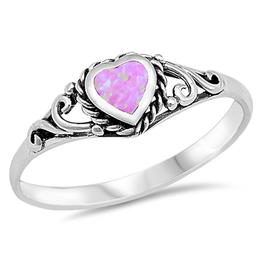 Pink Simulated Opal Antiqued Filigree Purity Ring .925 Sterling Silver Band Size 4