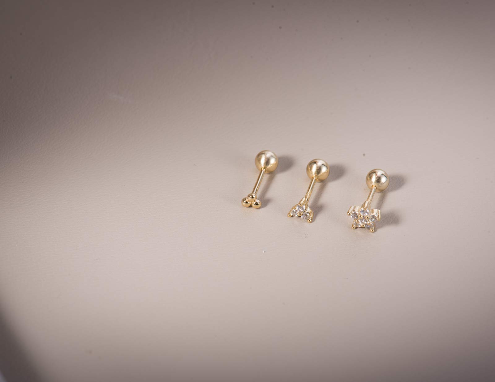 Set of 3 Single Studs in Sterling silver 925 Rhodium Plated Small Stud Earrings Set | Screw Back Studs | Tiny Cartilage Earring | Second Hole Earring | Tiny Three Spheres Three Stone Cluster Flower CZ