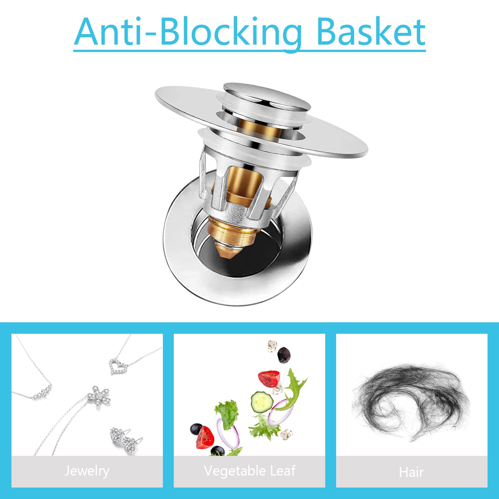 Universal Bathroom Sink Stopper in Brass, 1.04-1.97 Inch Pop Up Basin Sink Drain Stopper, Sink Drain Strainer with Anti Clogging Filter Hair Catcher